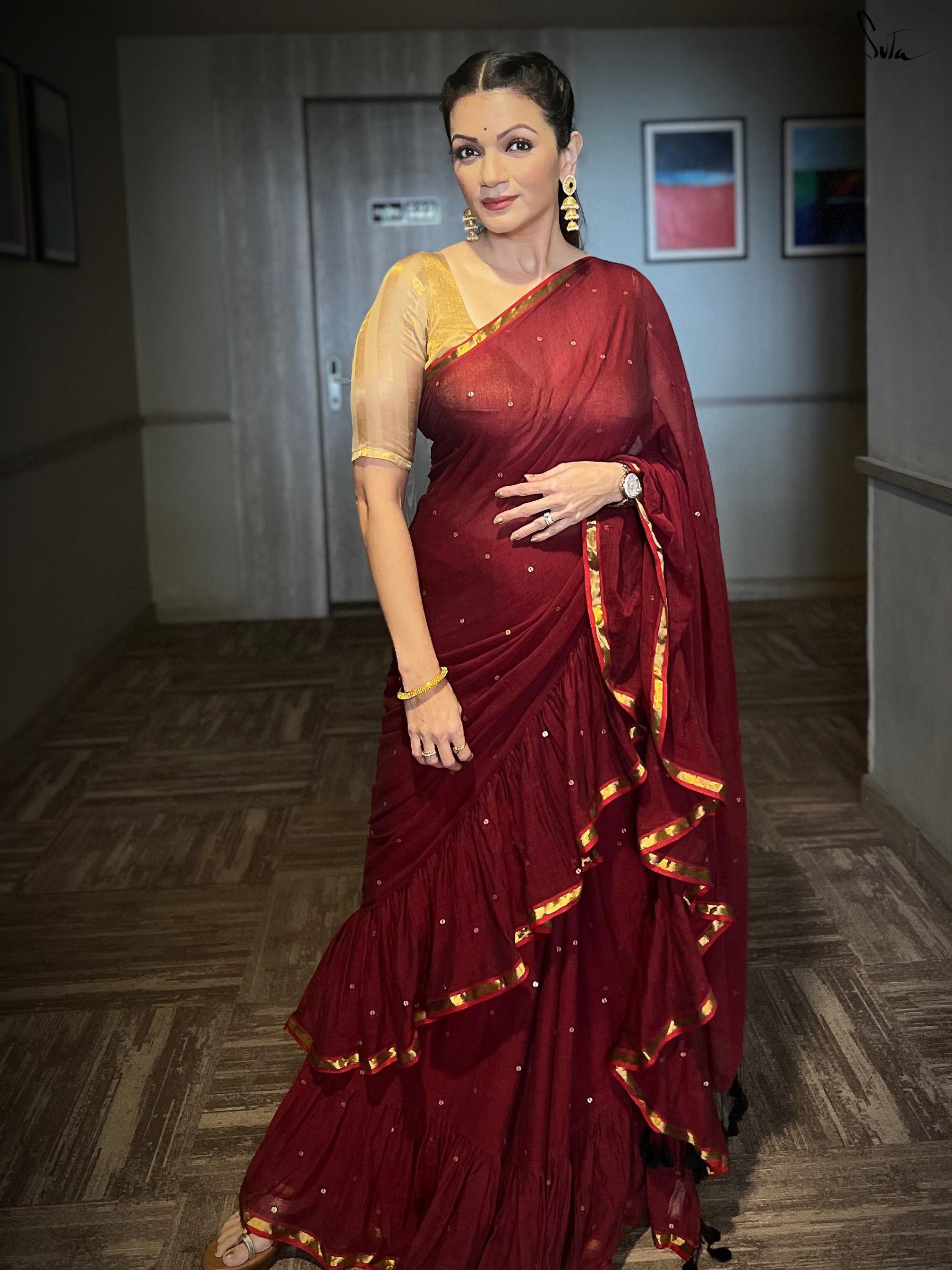 Mulmul Cotton Ruffle Saree In Maroon|Deep Ruby Swirls|Suta