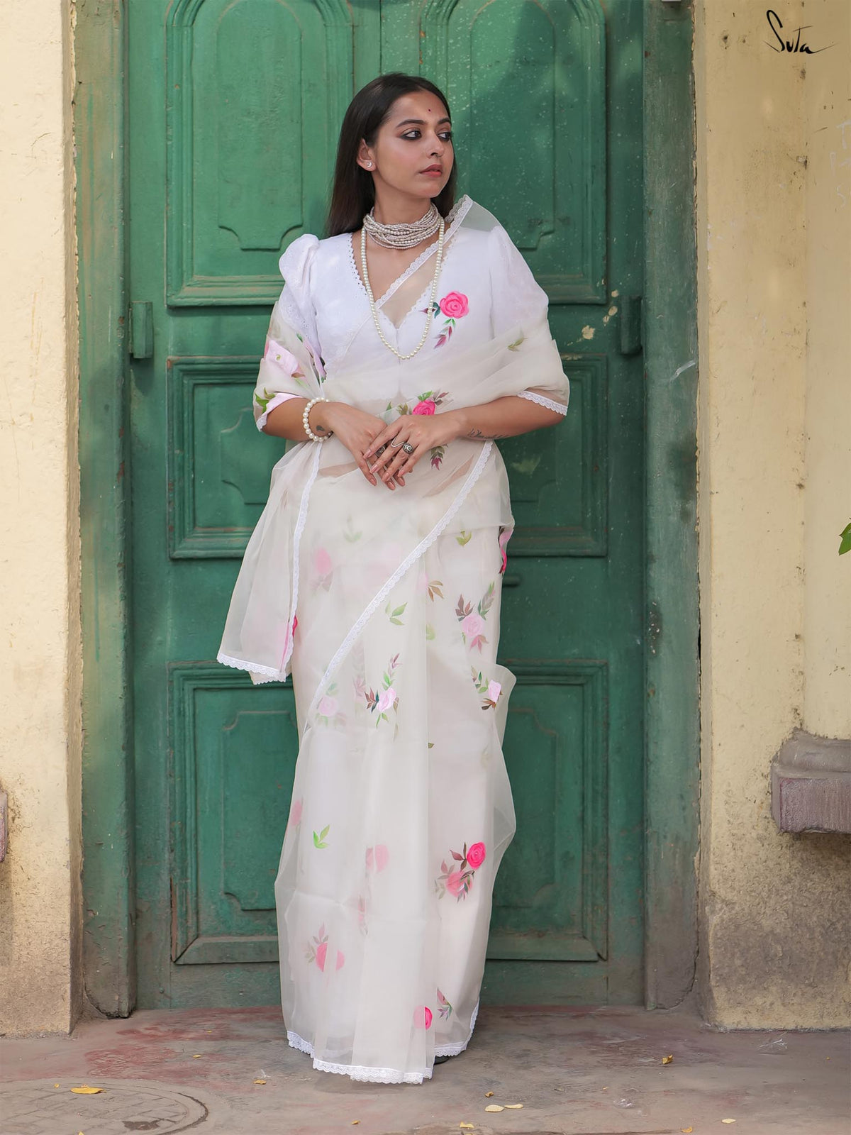 Floral Print Organza Saree In White|Gulnaar|Suta