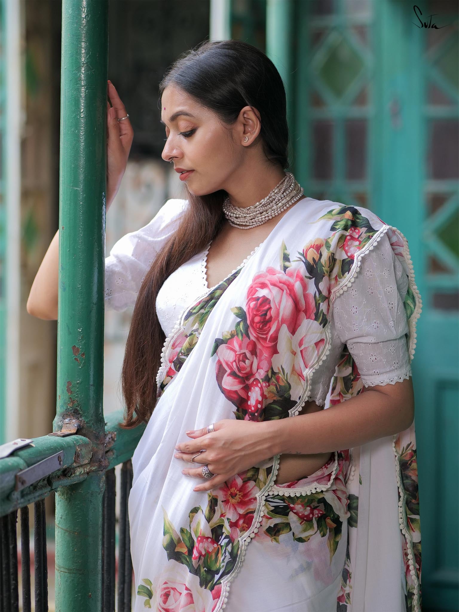 Half Puff Sleeve White Blouse With V Neck|Safed Badal|Suta