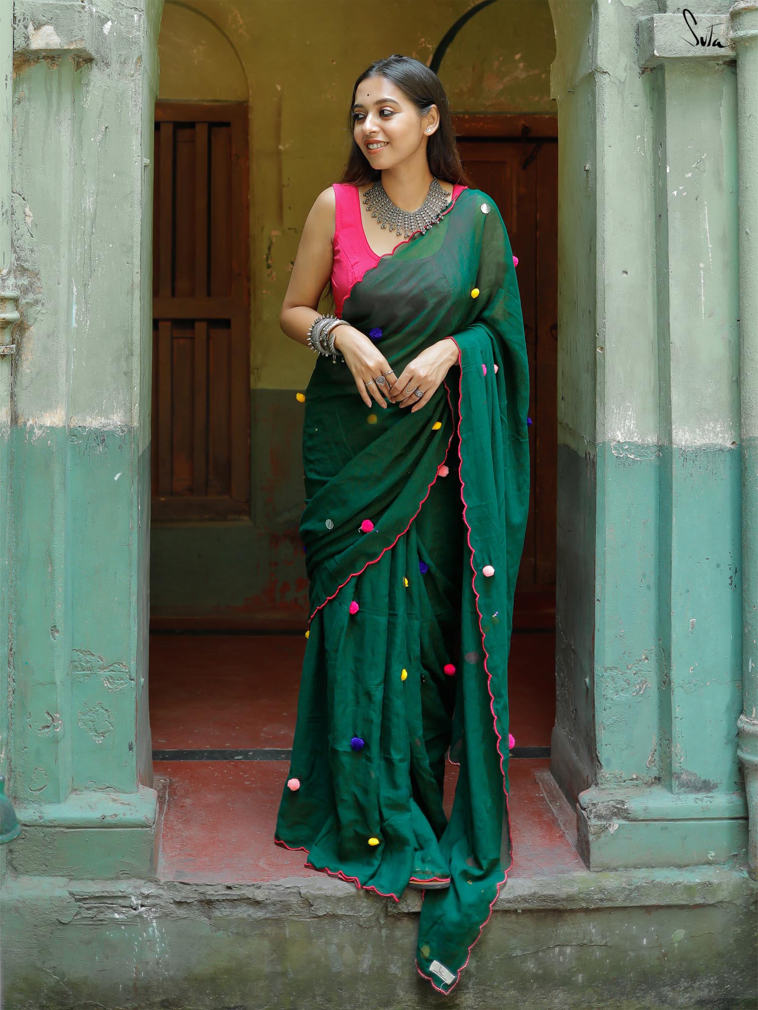Mulmul Cotton Green Saree With Sequins Work|Albeli|Suta