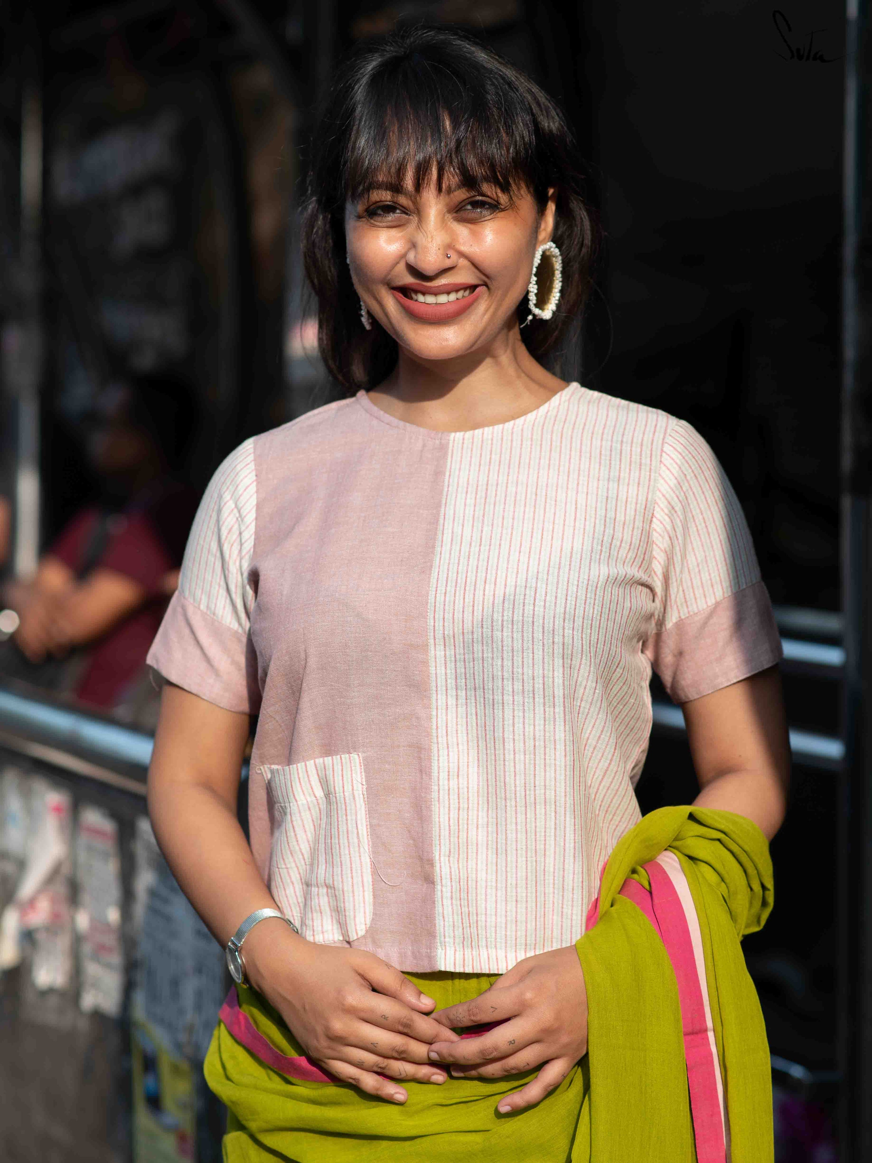 Soft Cotton Crop Top Blouse In White Pink|Gleeful Gale|Suta