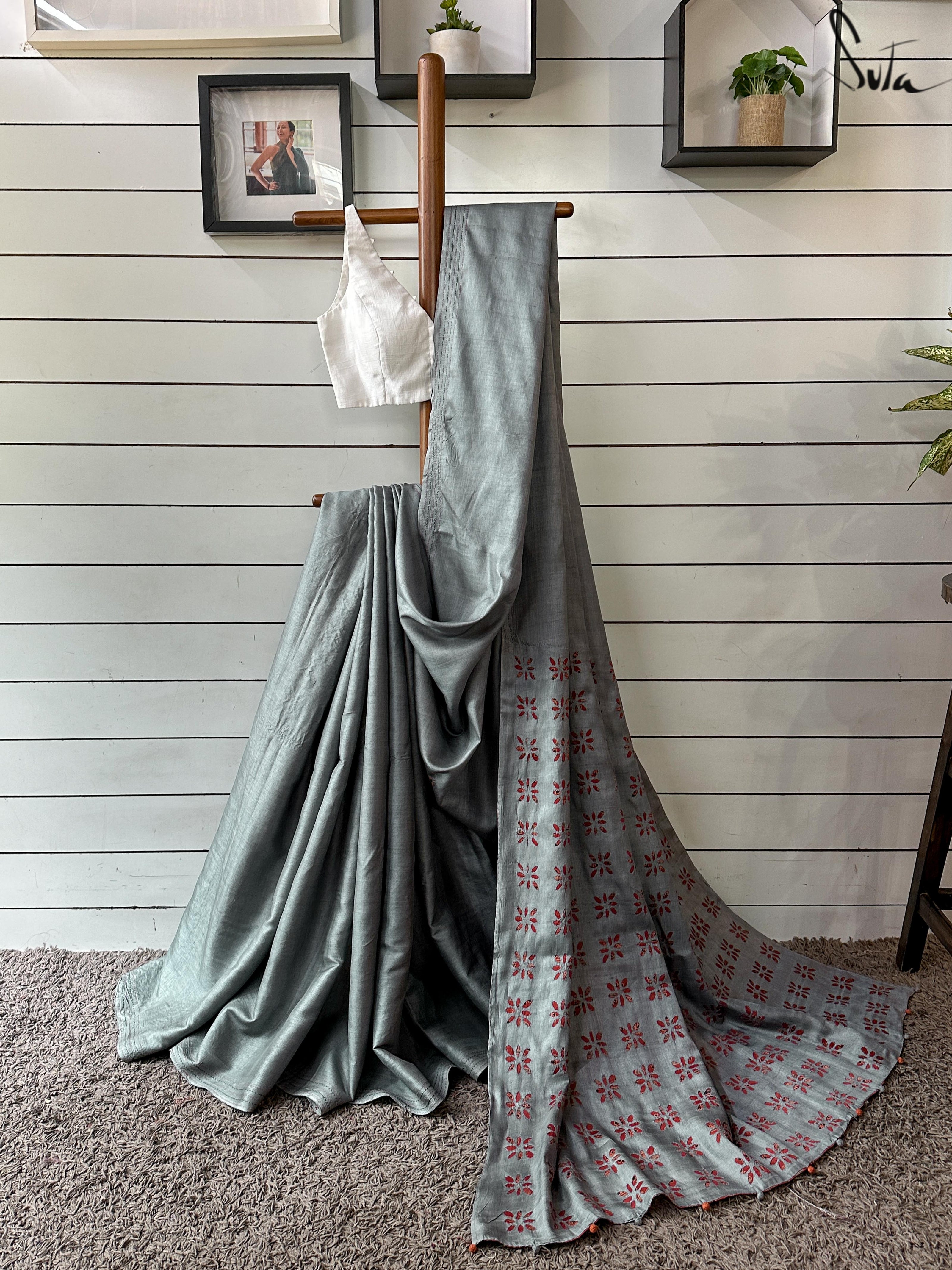 Designer Tussar Silk Saree In Grey Colour|Nain Surile|Suta