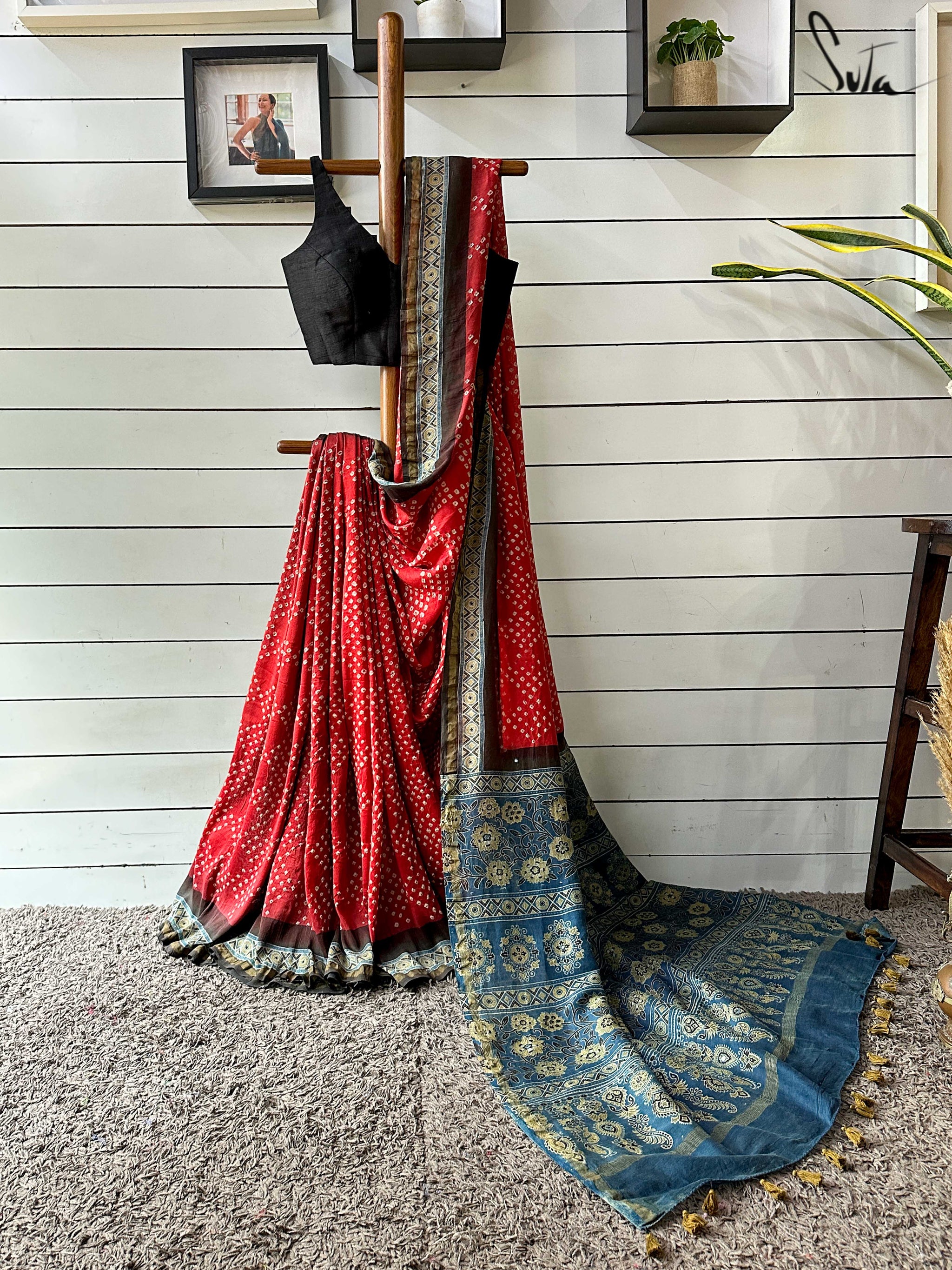 Multicolor Ajrakh Bandhani Silk Banarasi Saree|Phoolwari|Suta