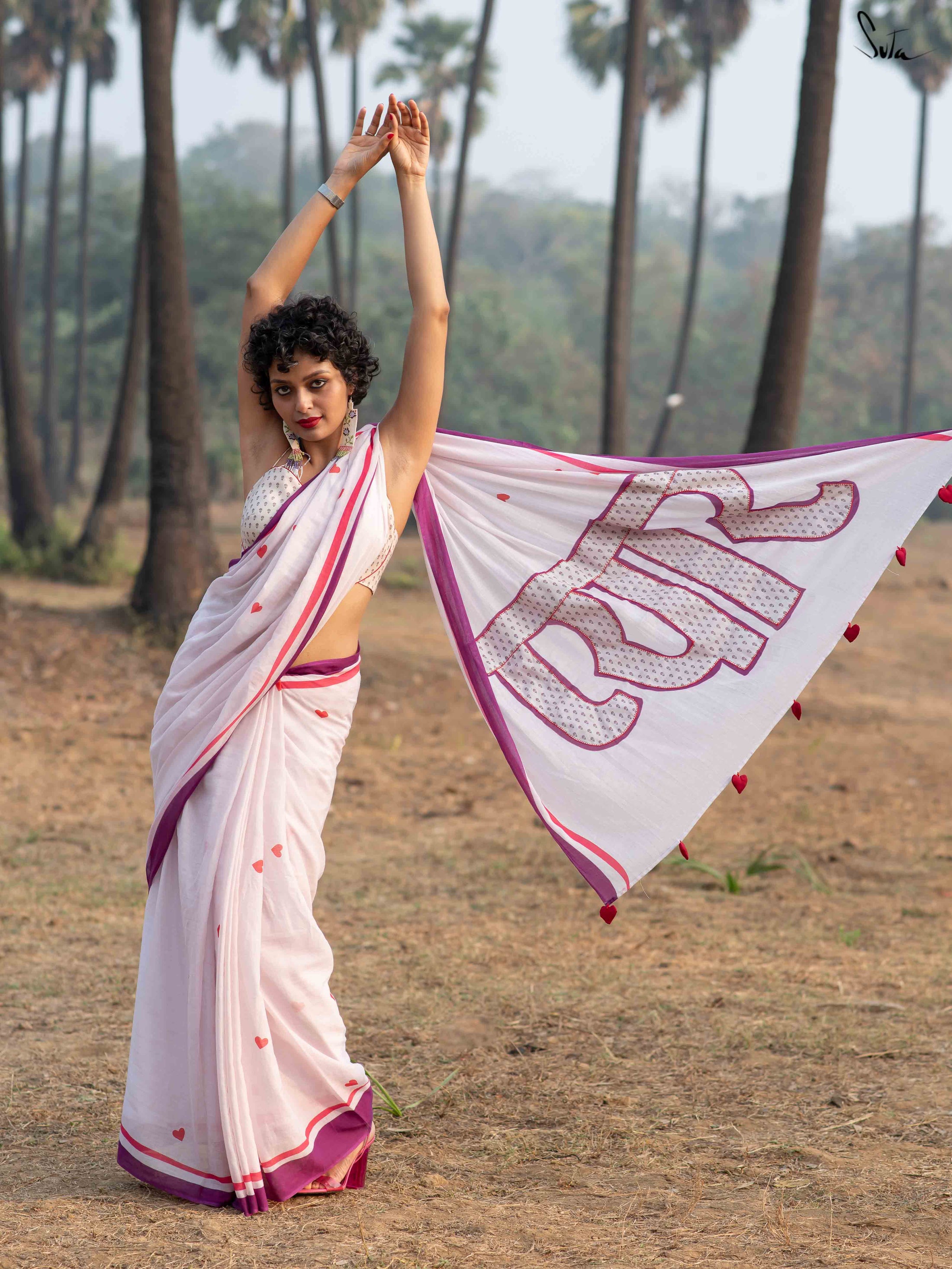 Cotton Applique Work White Saree With Tassels|Raj Simran|Suta