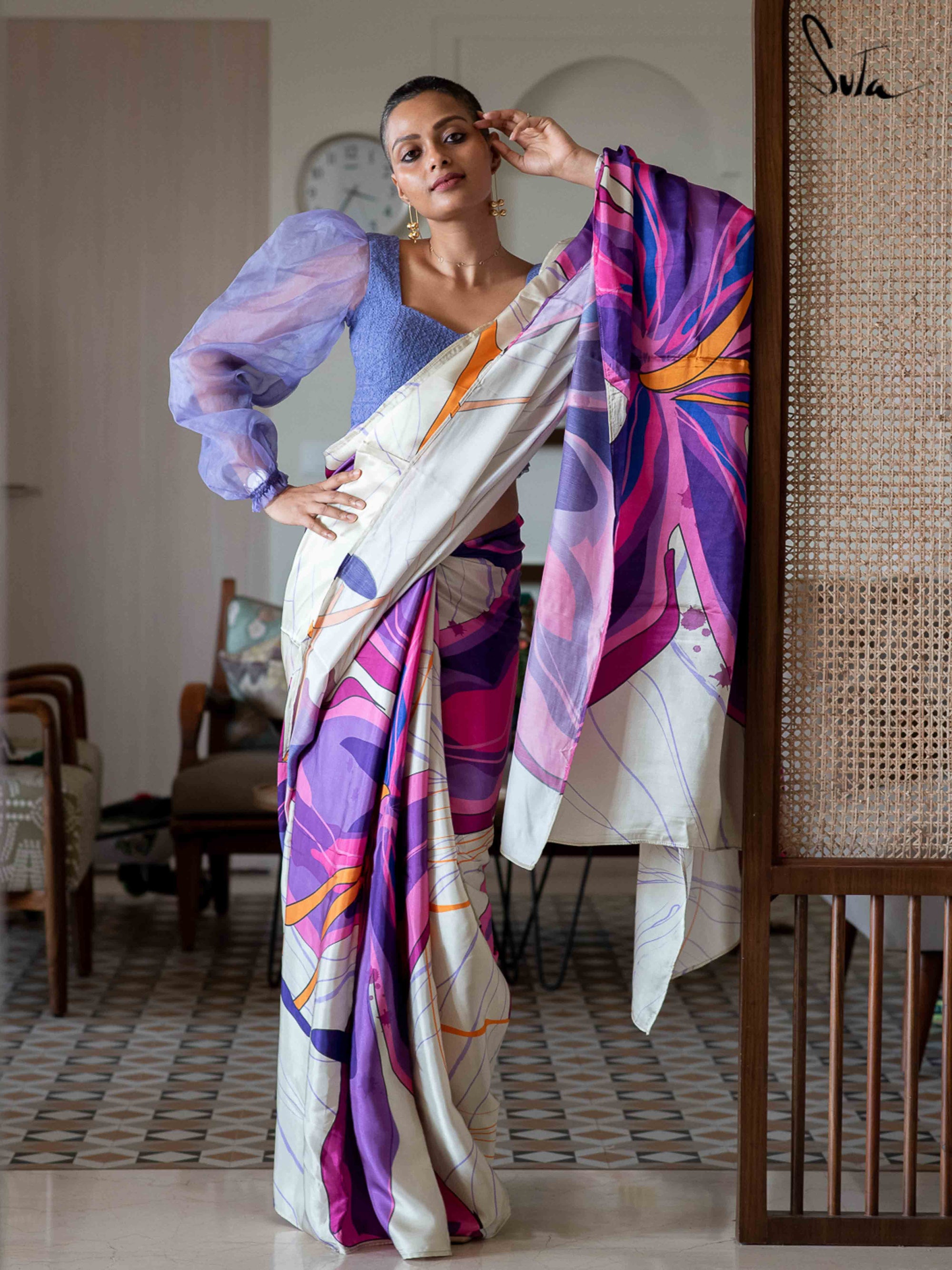 Modal Viscose Printed Fancy Saree In White|Aarunya|Suta