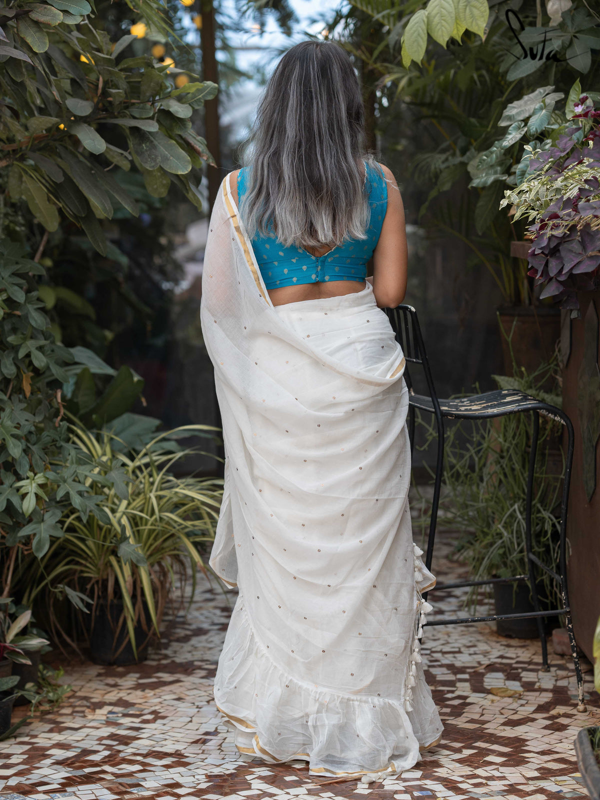 Mulmul Cotton Ruffle Saree In White|Aurora Breeze Swirls|Suta