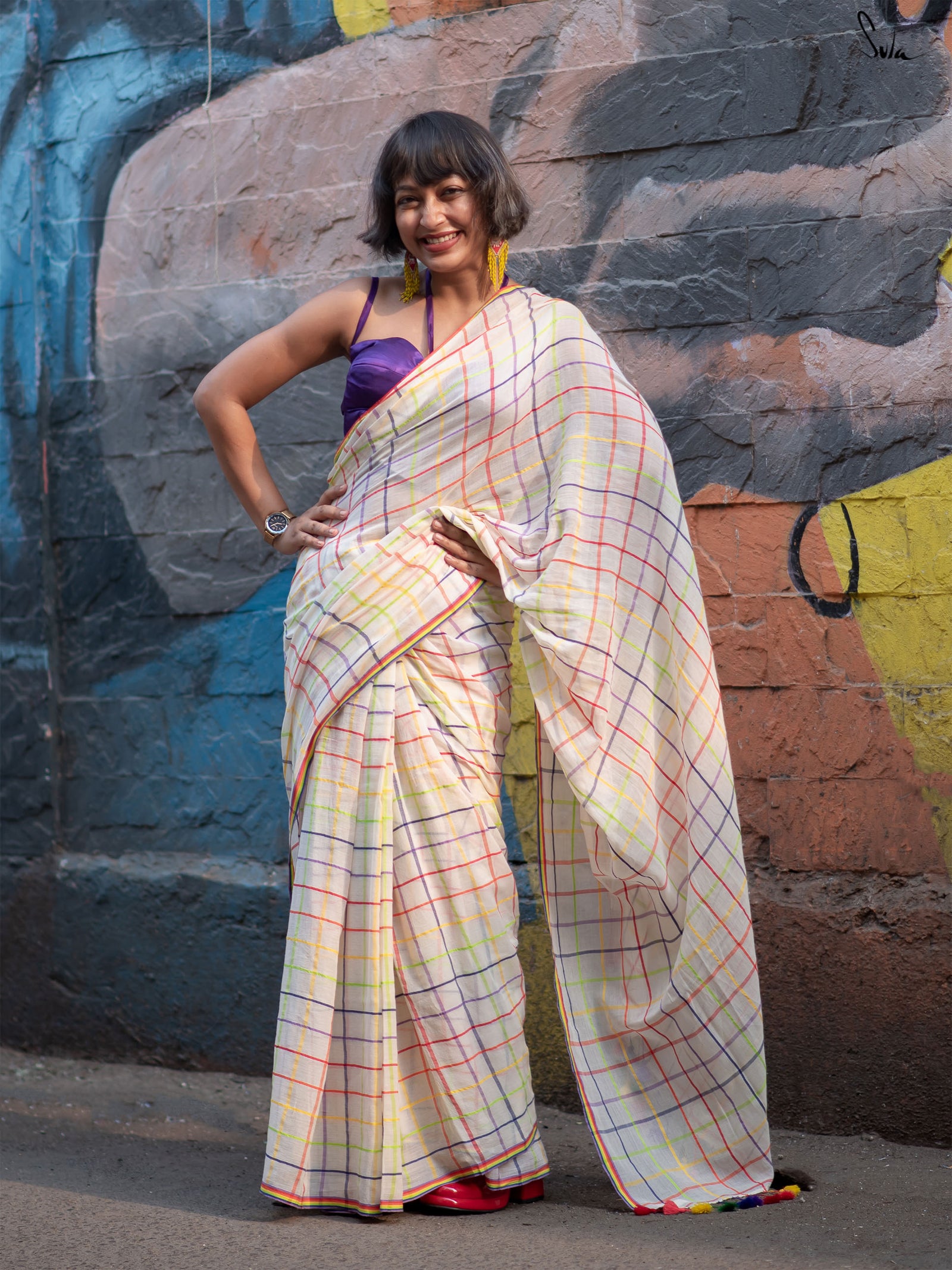 Lightweight Mulmul Cotton Off White Saree|Checkmate|Suta