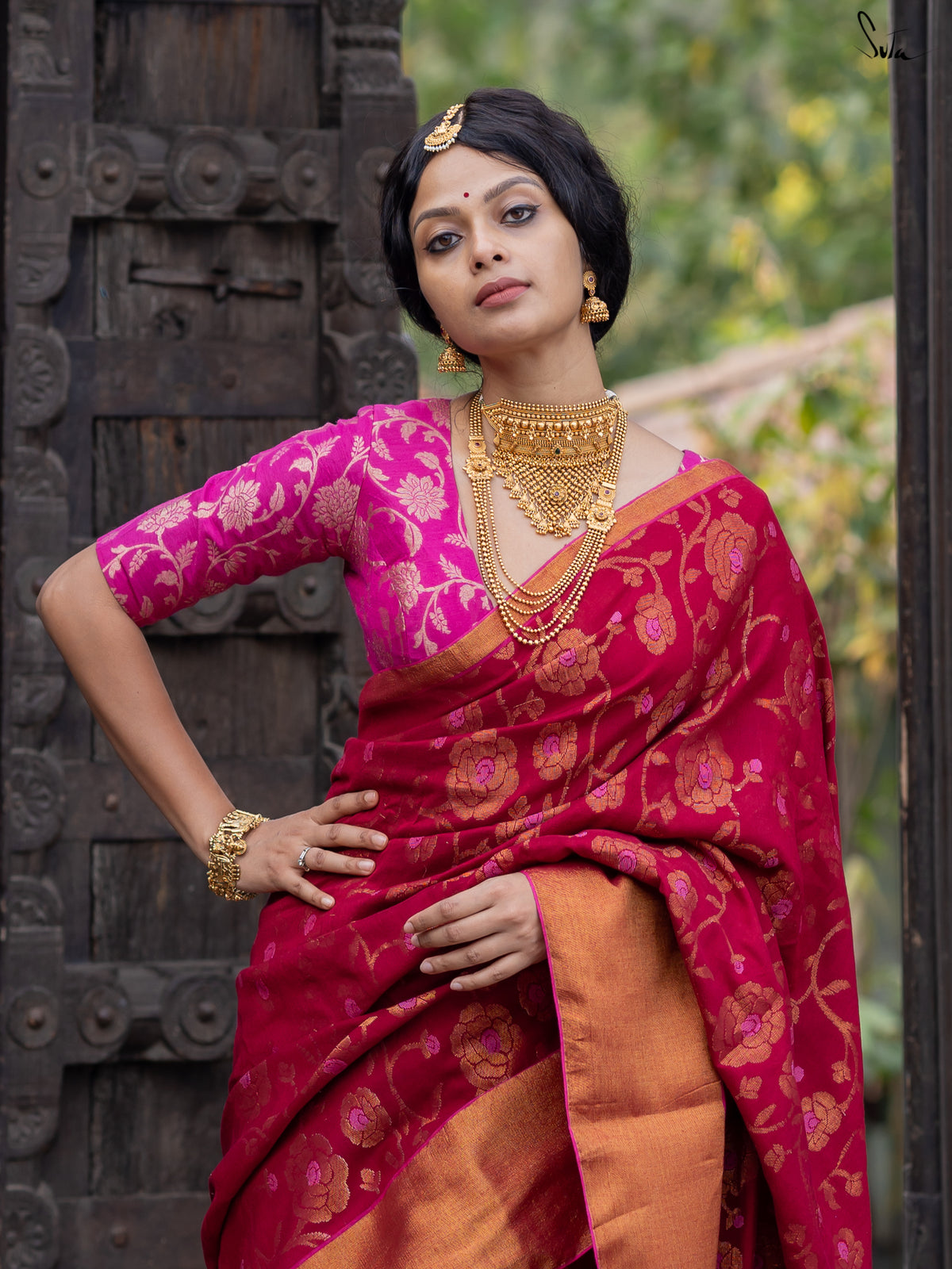 Silk Padded Pink Designer Blouse With V Neck|Kedar Ki Dor|Suta