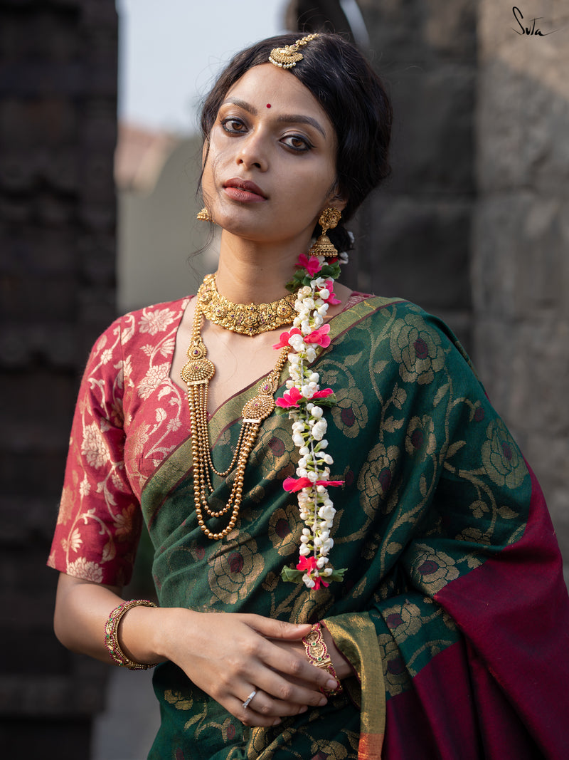 Silk Maroon Floral Back Design Blouse|Surkh Kamal|Suta