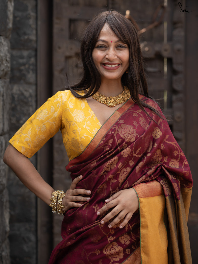 Yellow Silk Zari Designer Blouse With V Neck|Tarakasi|Suta