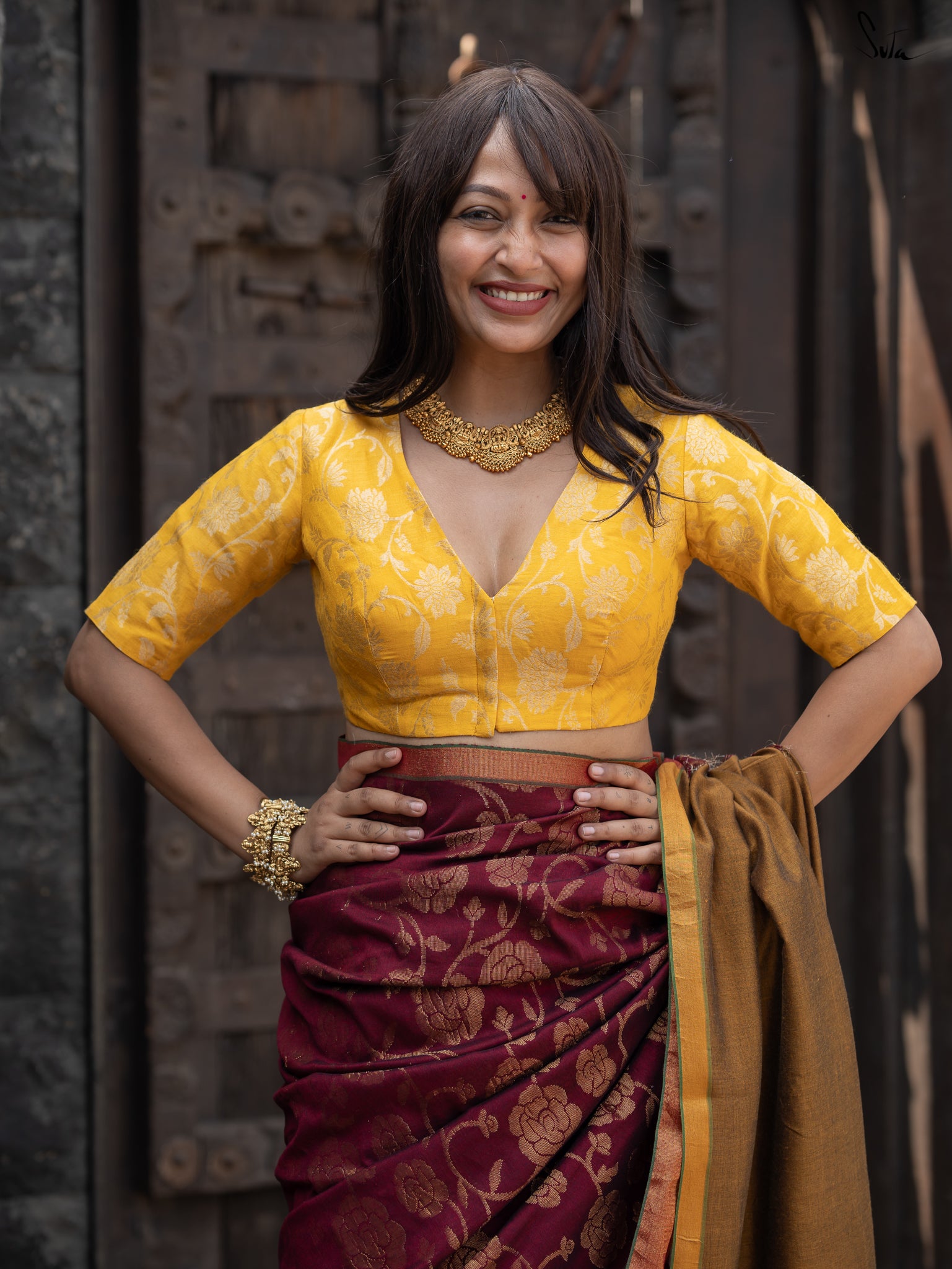 Yellow Silk Zari Designer Blouse With V Neck|Tarakasi|Suta