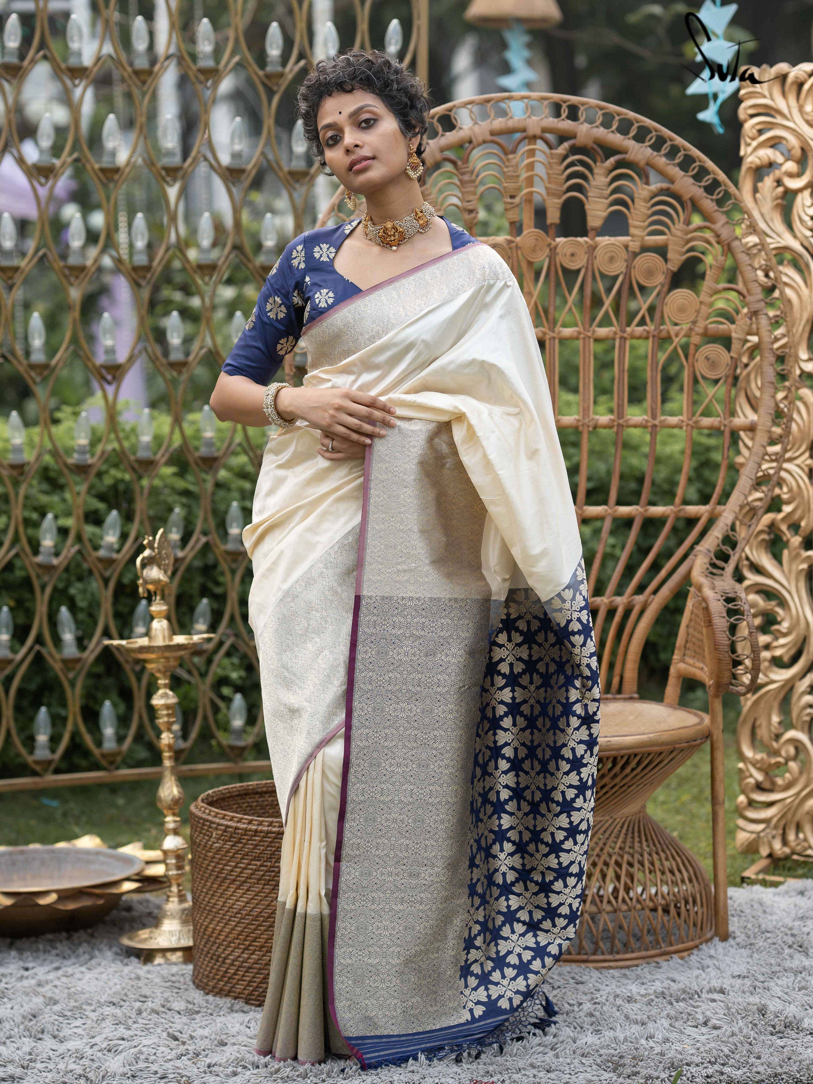 Katan Silk Banarasi Saree In White Blue|Aasmani Parinda|Suta