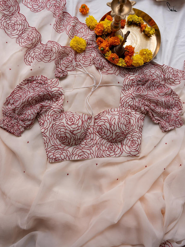 Viscose Organza White Puff Sleeve Designer Blouse|Pariza|Suta