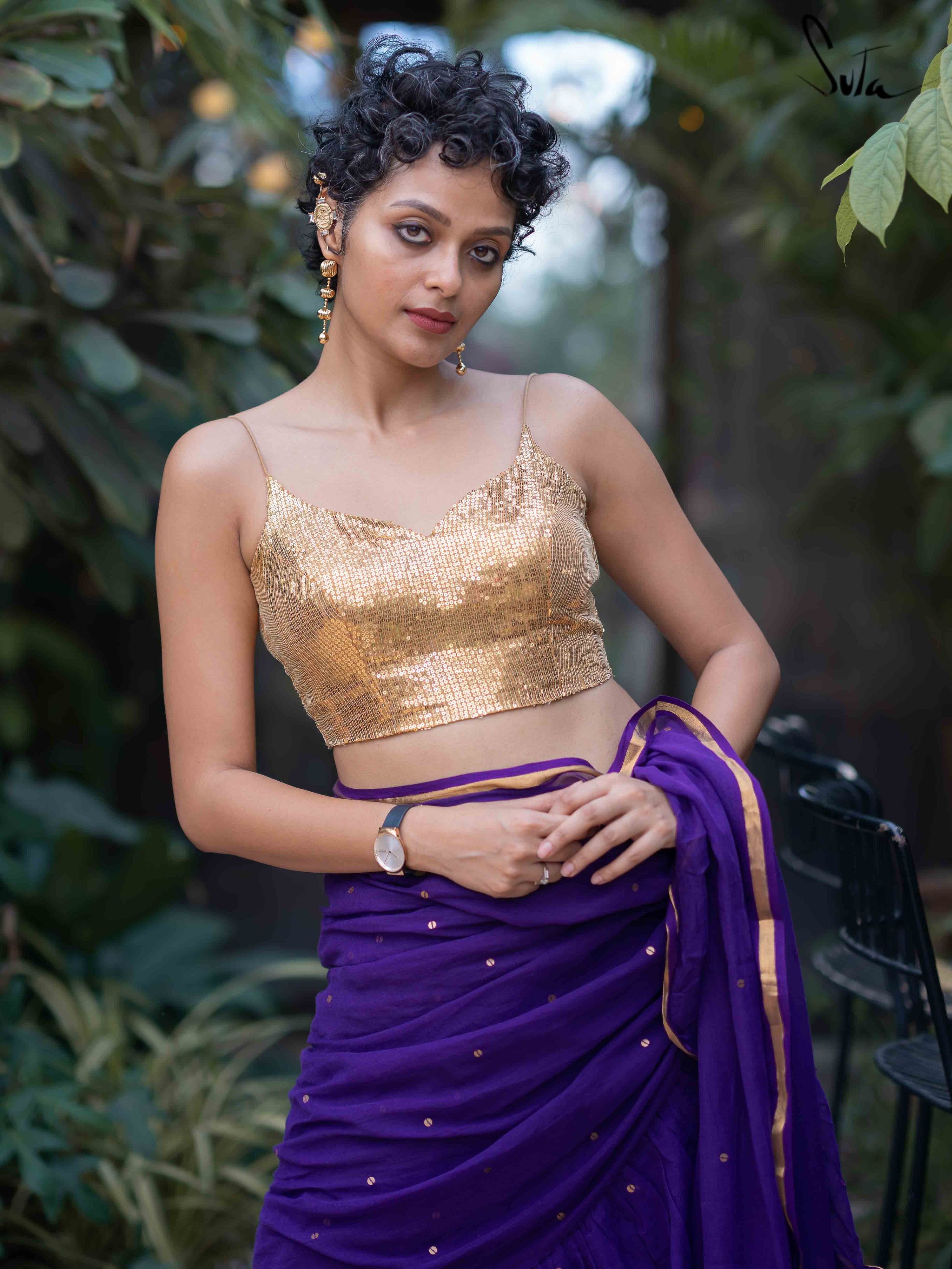 Sleeveless Glittery Golden Blouse With V Neck|Gold Glitz|Suta