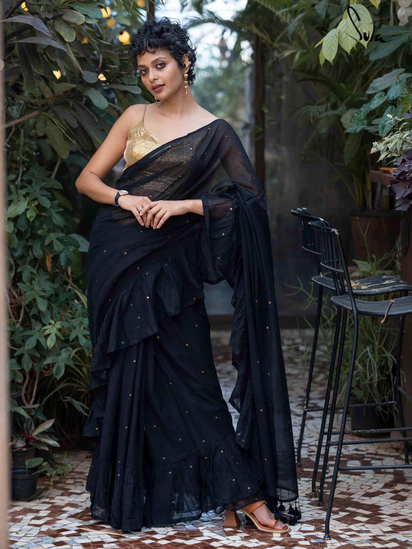 Mulmul Cotton Ruffle Saree In Black|Cosmic Black Swirls|Suta
