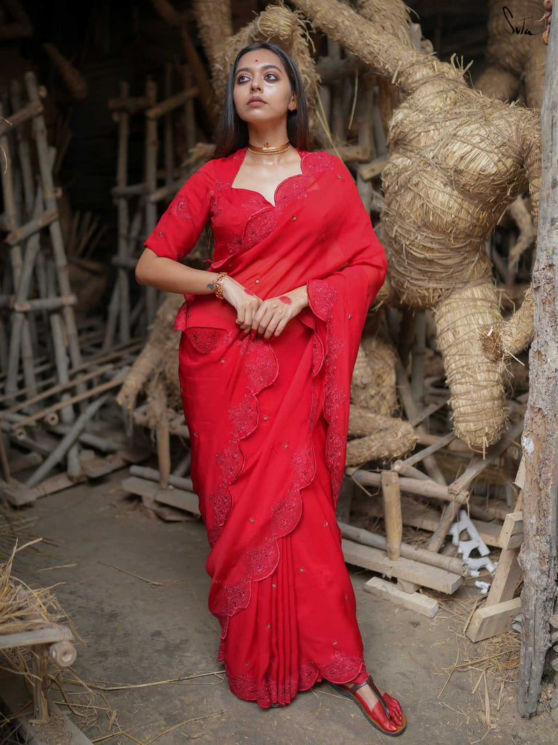 Embroidery Pallu Organza Saree In Red|Shidur Khela|Suta