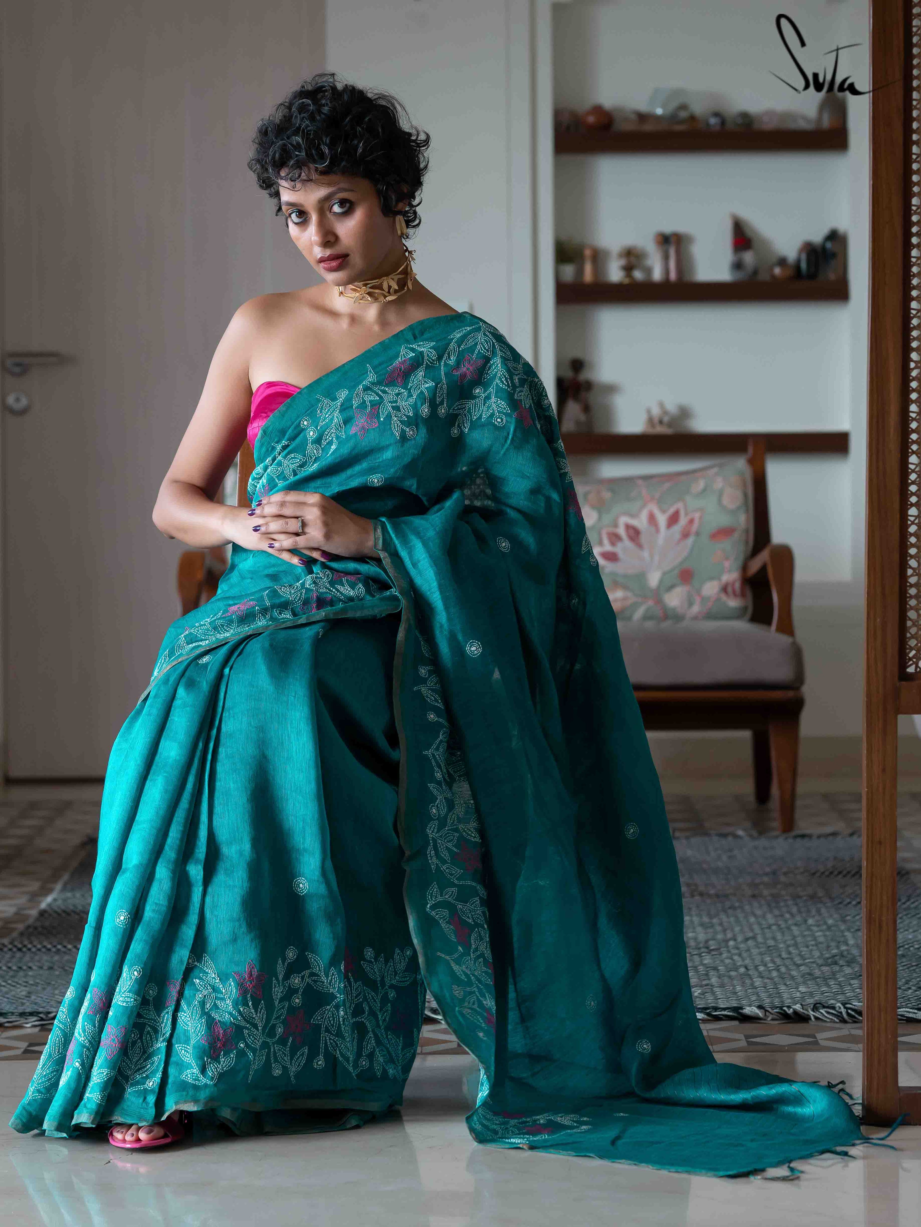 Linen Floral Embroidery Aqua Blue Saree|Forever Yours|Suta