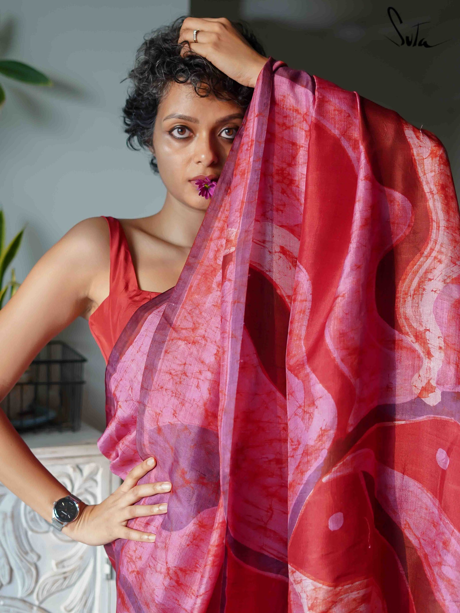 Fancy Batik Mulberry Silk Saree In Red Pink|Brija|Suta