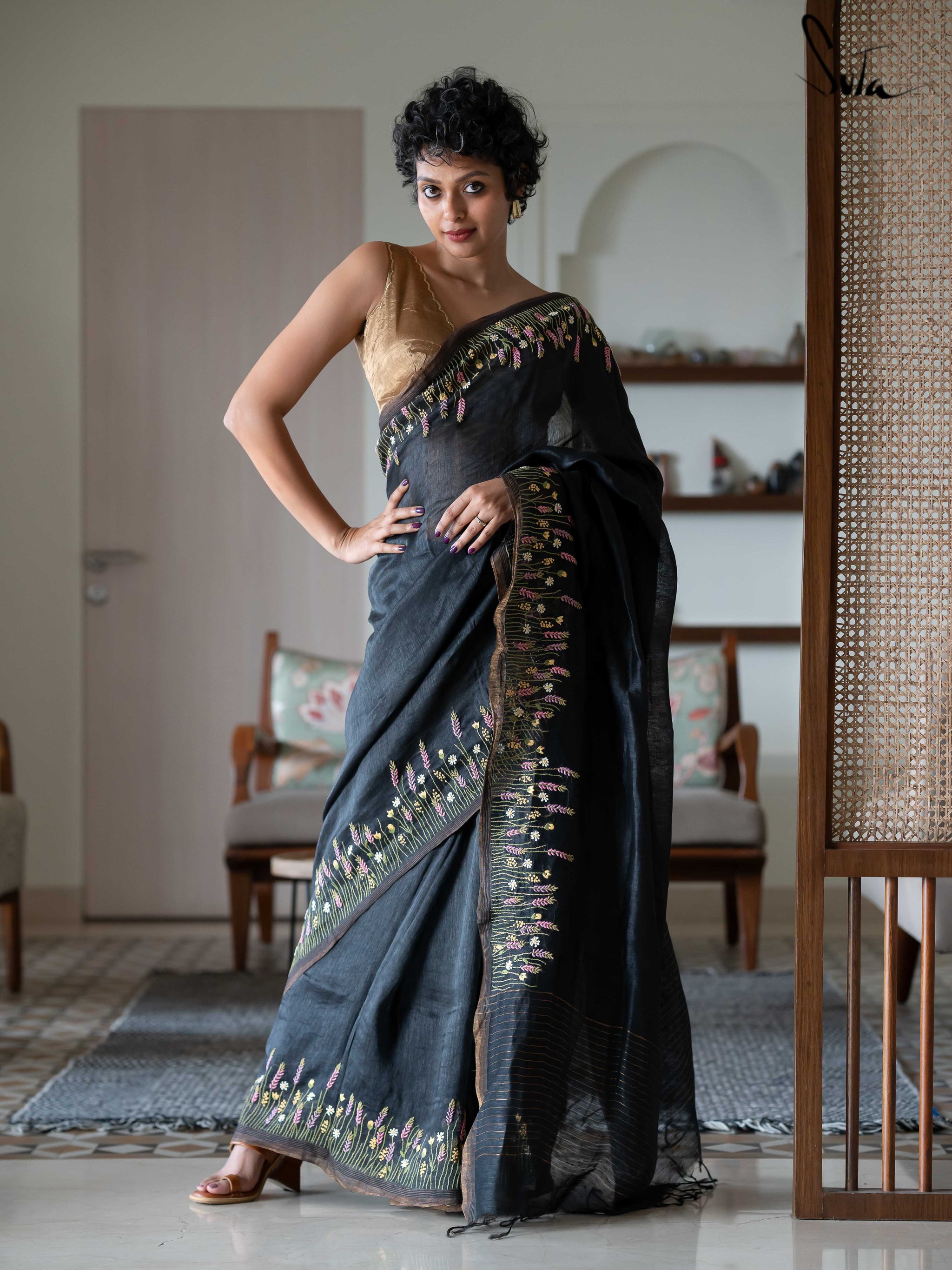 Linen Floral Embroidery Saree In Black|Fond Farewells|Suta