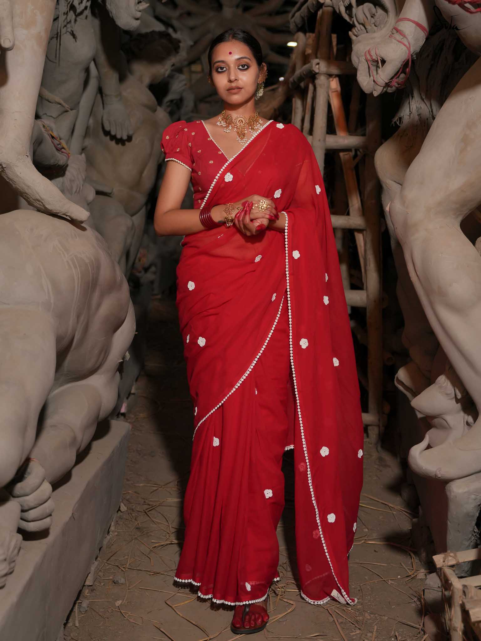 Floral Design Mul Cotton Red Saree For Pujo|Pujor Dhaak|Suta