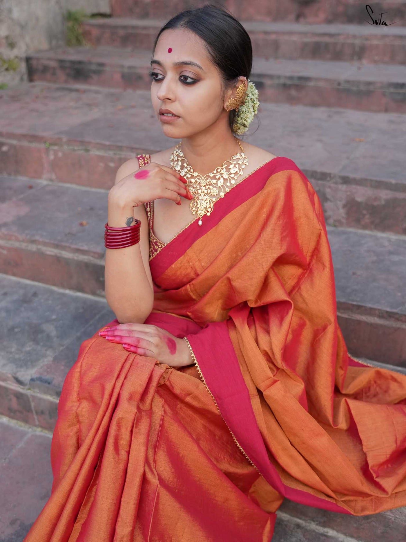 Maroon And Gold Shiny Saree For Festive Wear|Shonajhuri|Suta