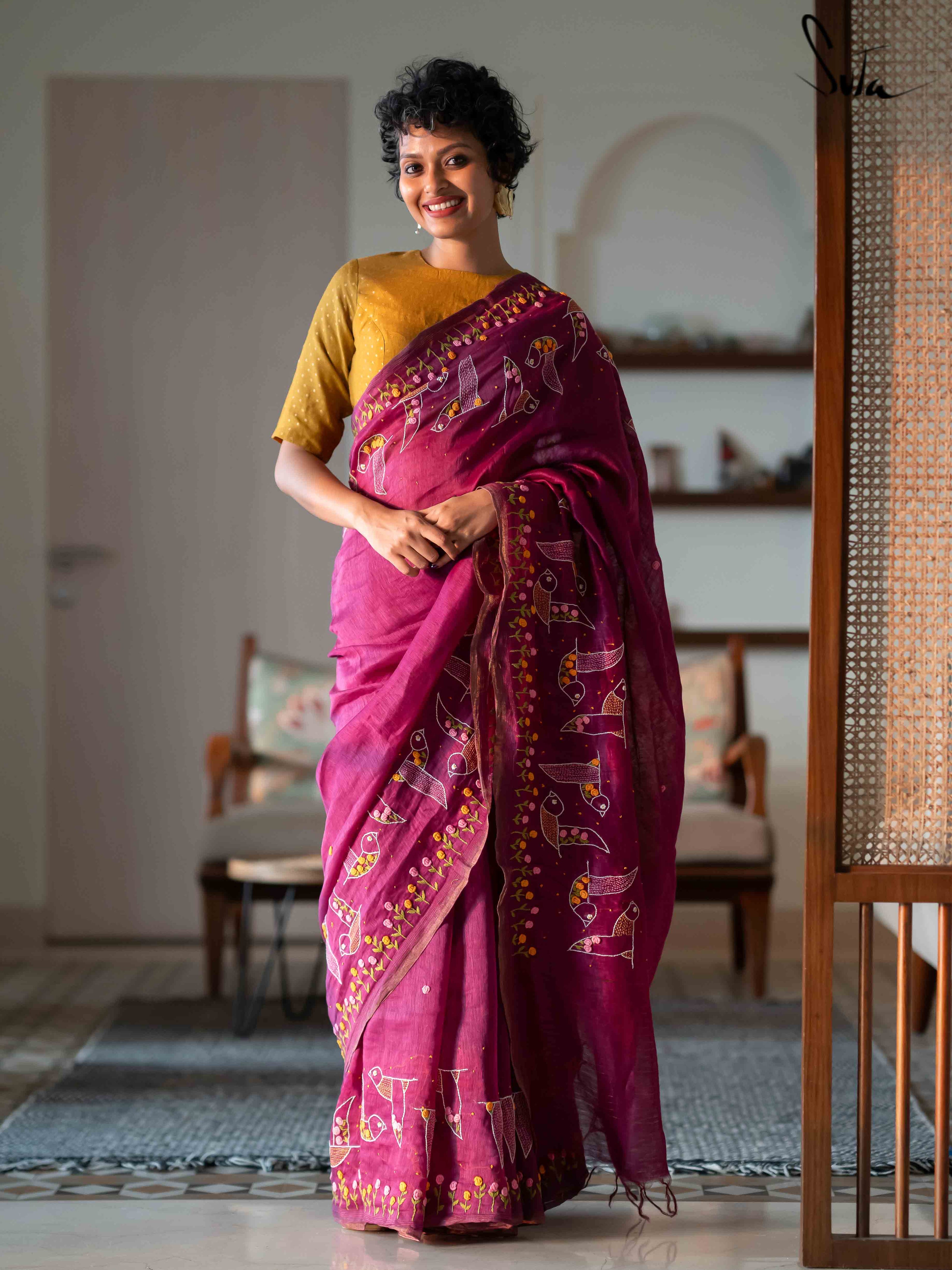 Linen Floral Embroidery Magenta Saree|Sweetly Signed|Suta