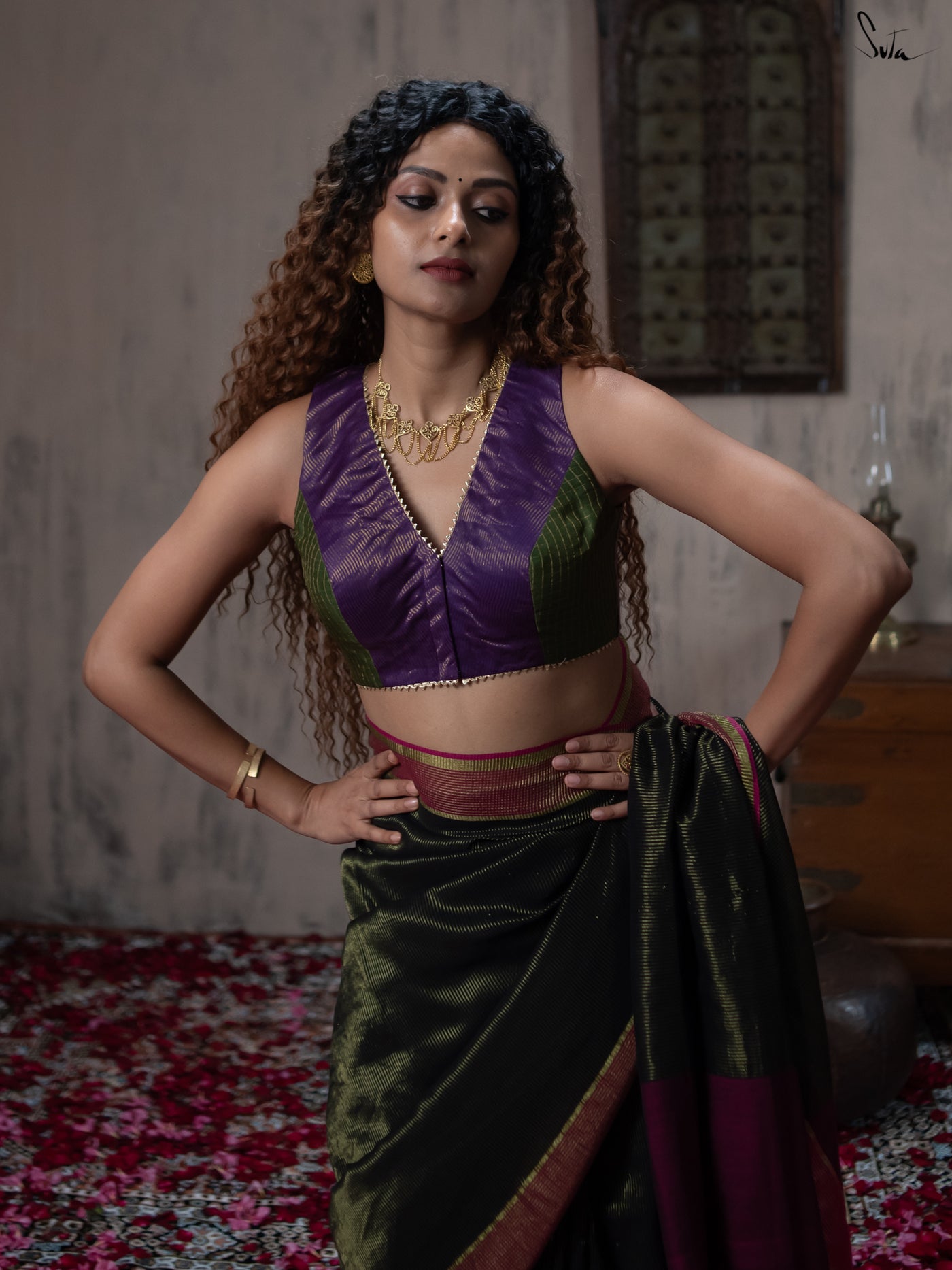 Cotton Silk Violet Sleeveless Blouse With V Neck|Surabhi|Suta