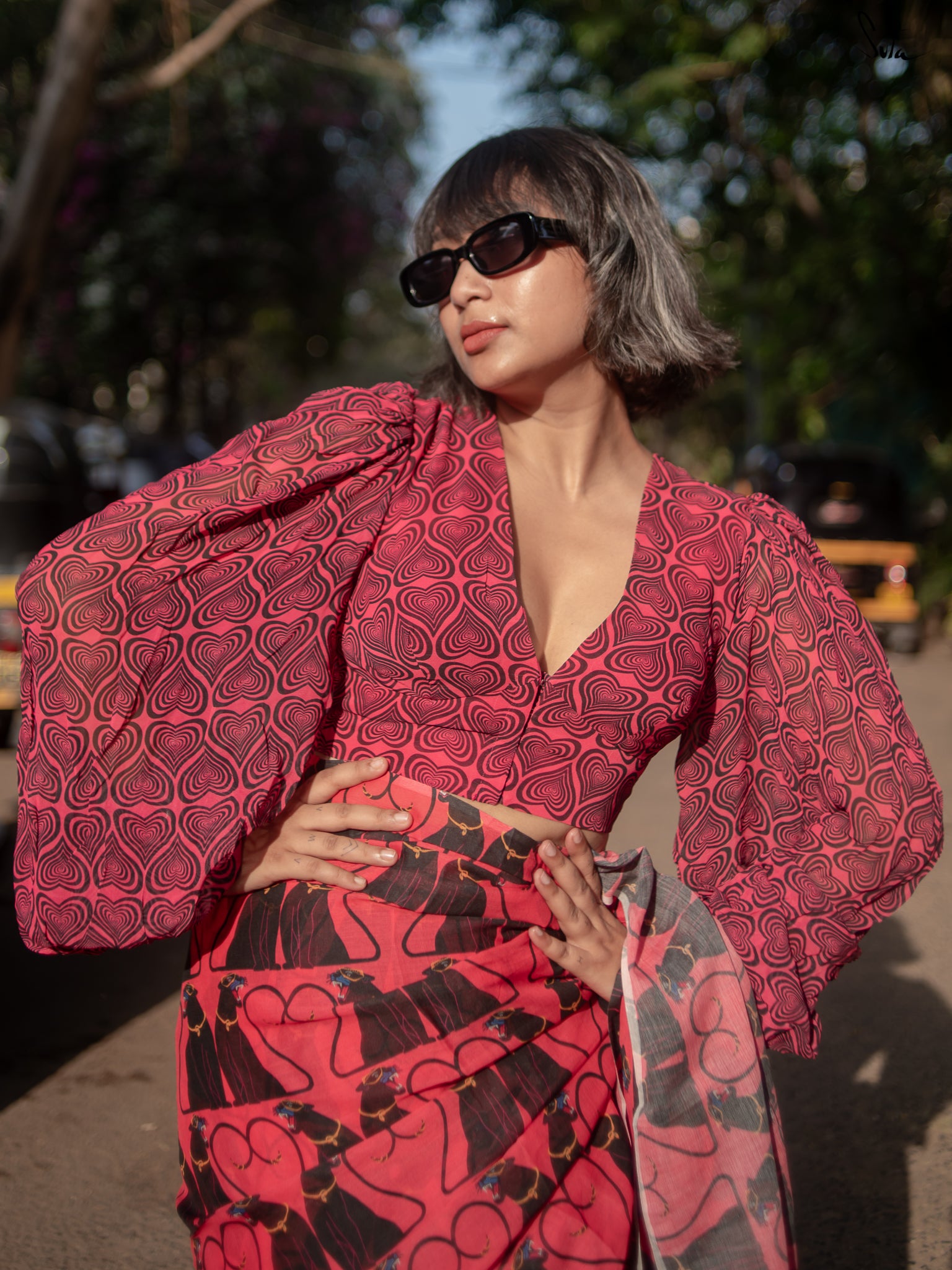 Georgette Full Puff Sleeve Blouse In Black Pink|Dil Garden|Suta