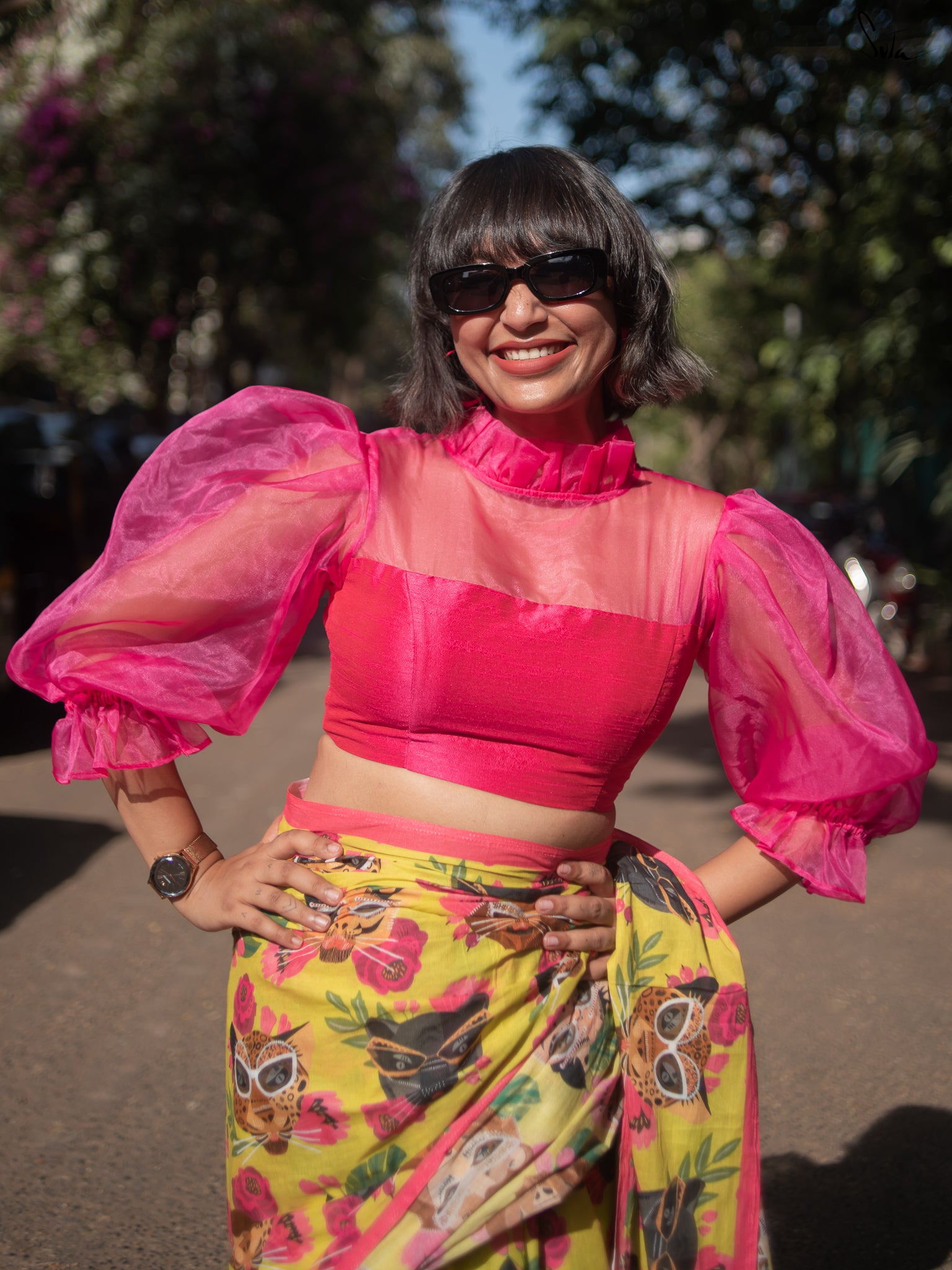 High Neck Elbow Puff Sleeve Blouse In Pink|Lady Primerose|Suta