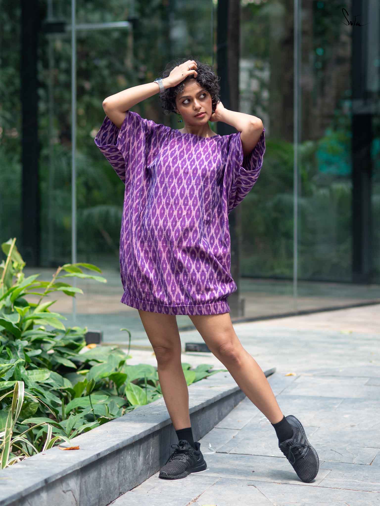 Ikat Cotton Design Purple Short One Piece Dress|Risela|Suta