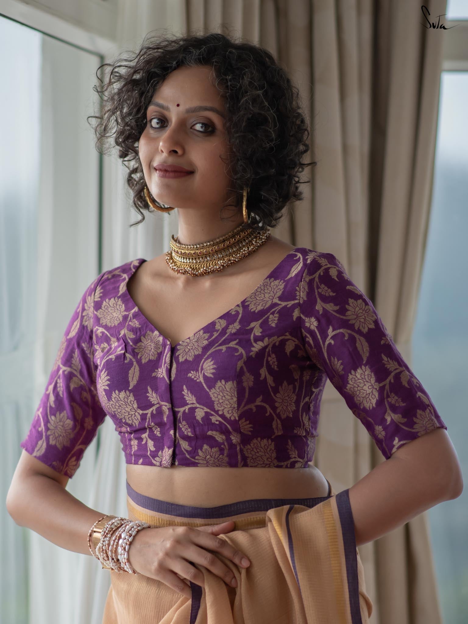 Silk Purple V Neck Blouse With Floral Design|Swarna Kamal|Suta