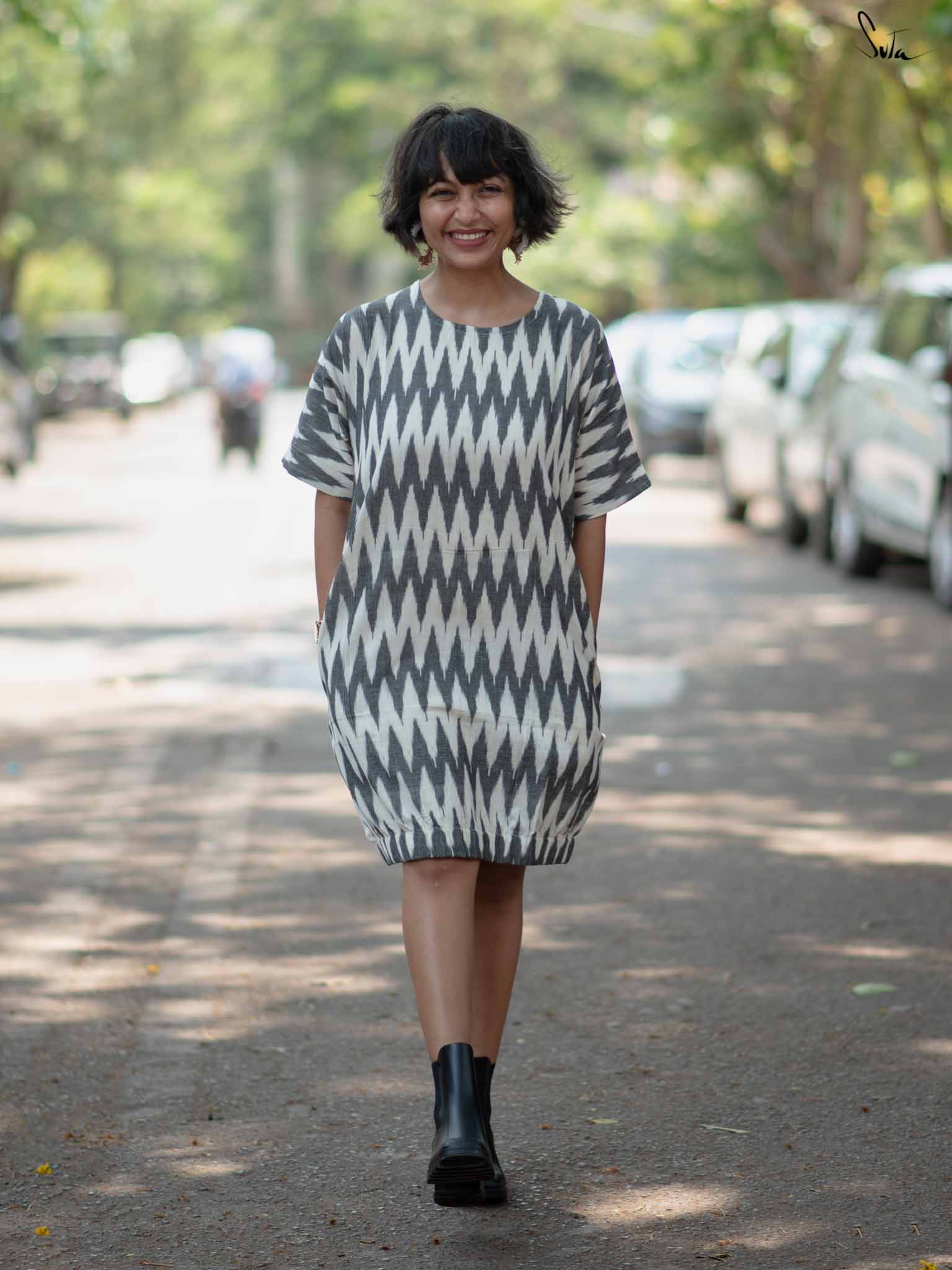 Fancy One Piece Cotton Grey White Dress|Brilliance Forge|Suta