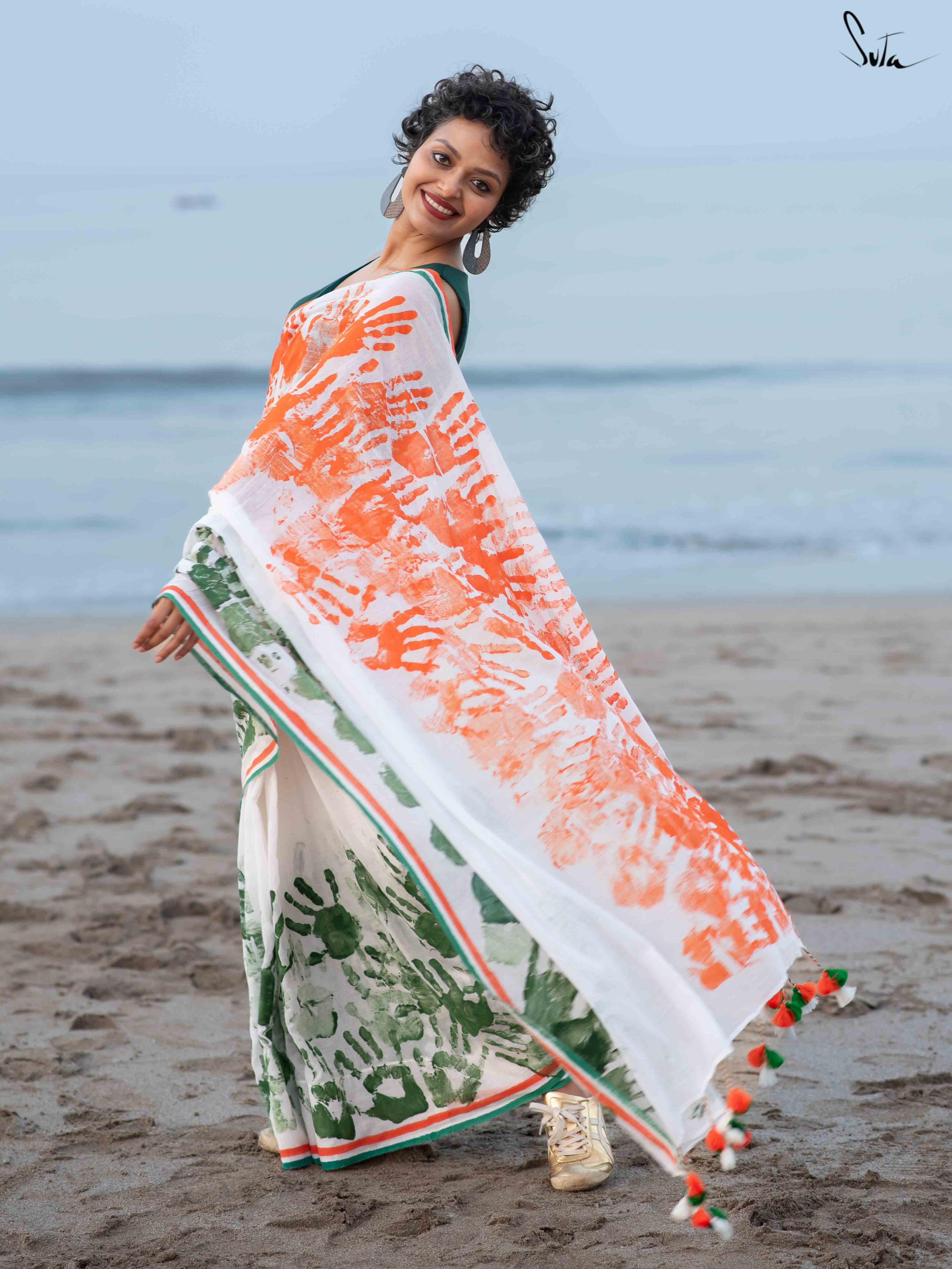 Mulmul Cotton Tiranga Republic Day Saree In White|Chaapa|Suta