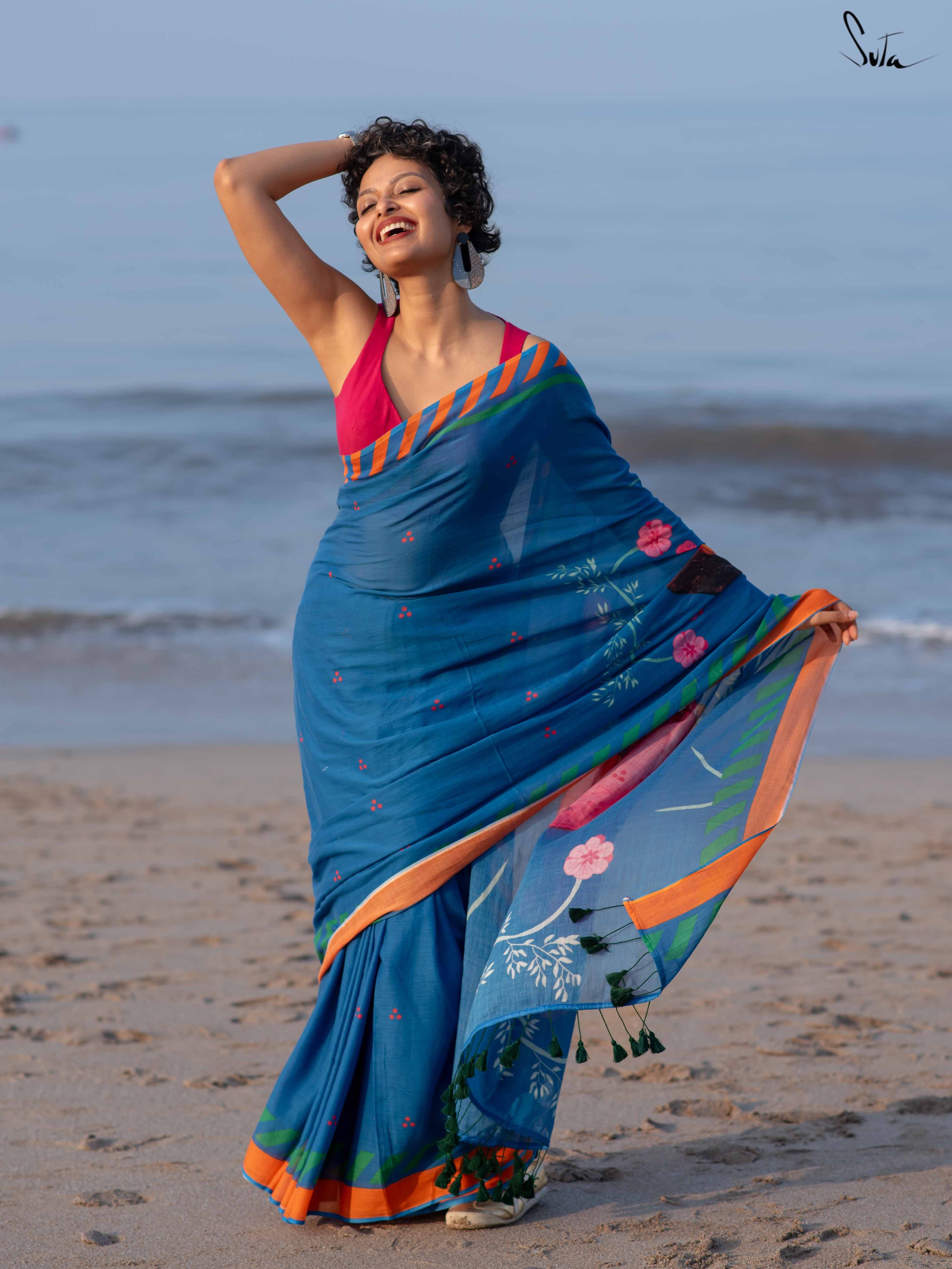 Mulmul Cotton Printed Sea Blue Saree|Kaveri|Suta