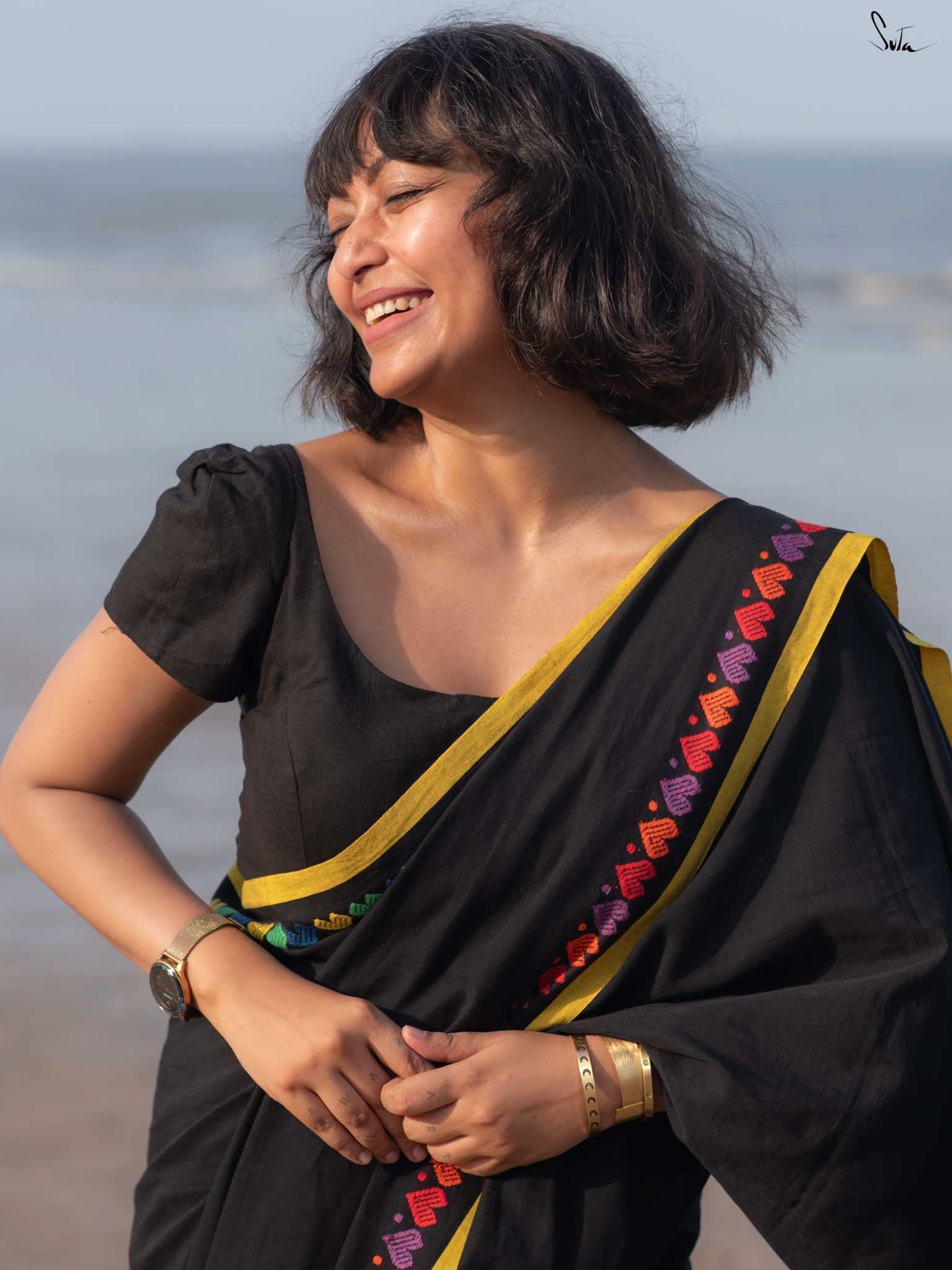 Cotton Cap Sleeve Black Blouse With U Neck|Samputa|Suta