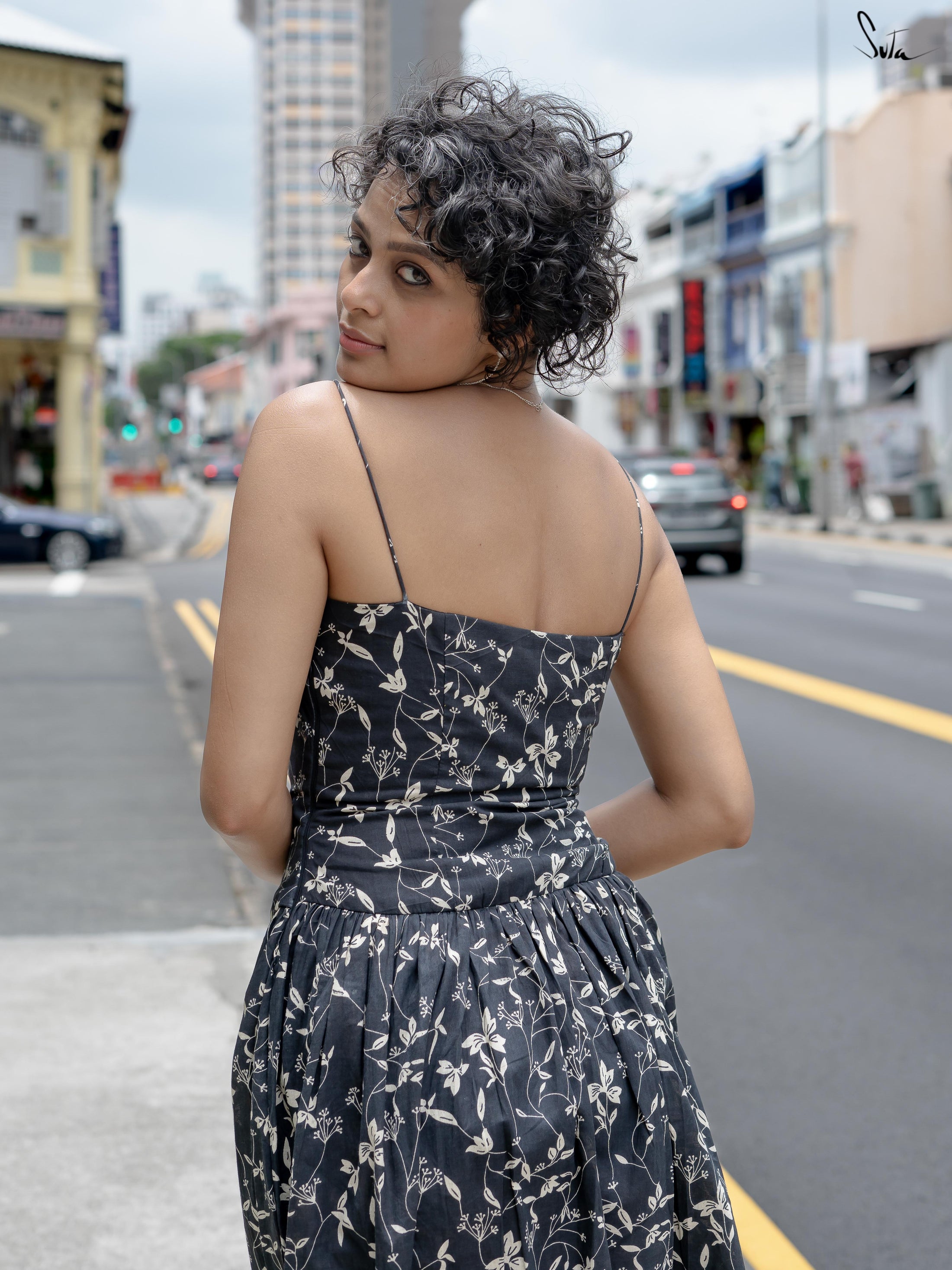 One Piece Black Cotton Corset Dress For Women|Dandelions|Suta