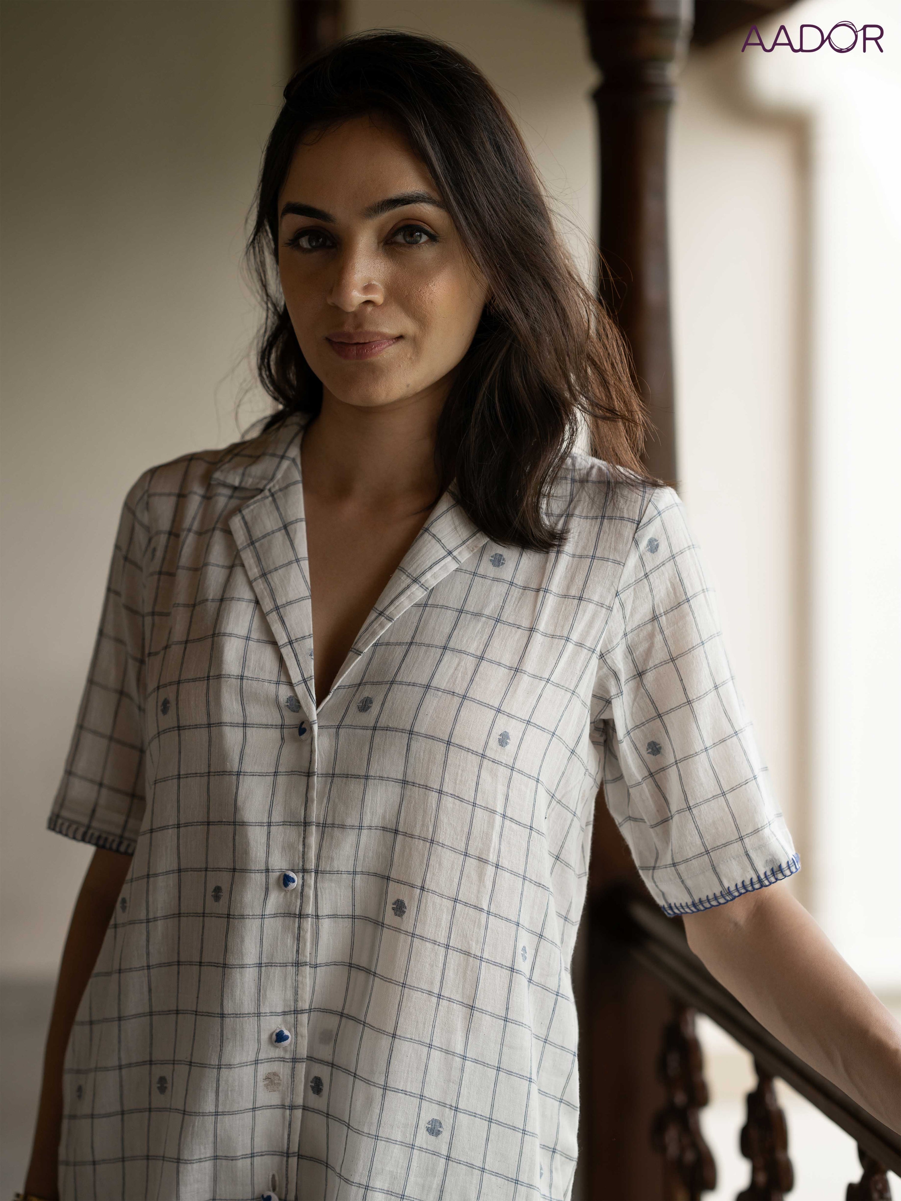 V Neck White Cotton Co-Ord Set For Women|Dawn To Dusk|Suta