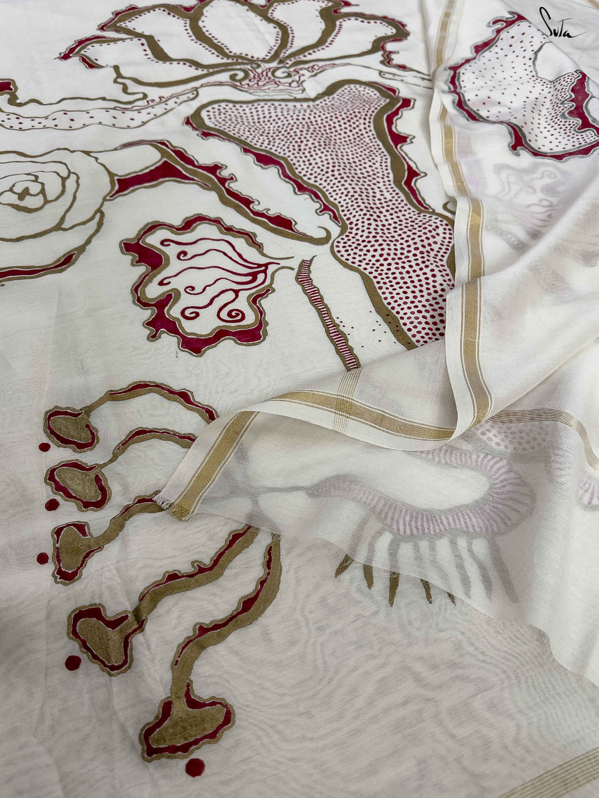 Soft Chanderi Silk Designer Saree In White|Serene Lotus|Suta