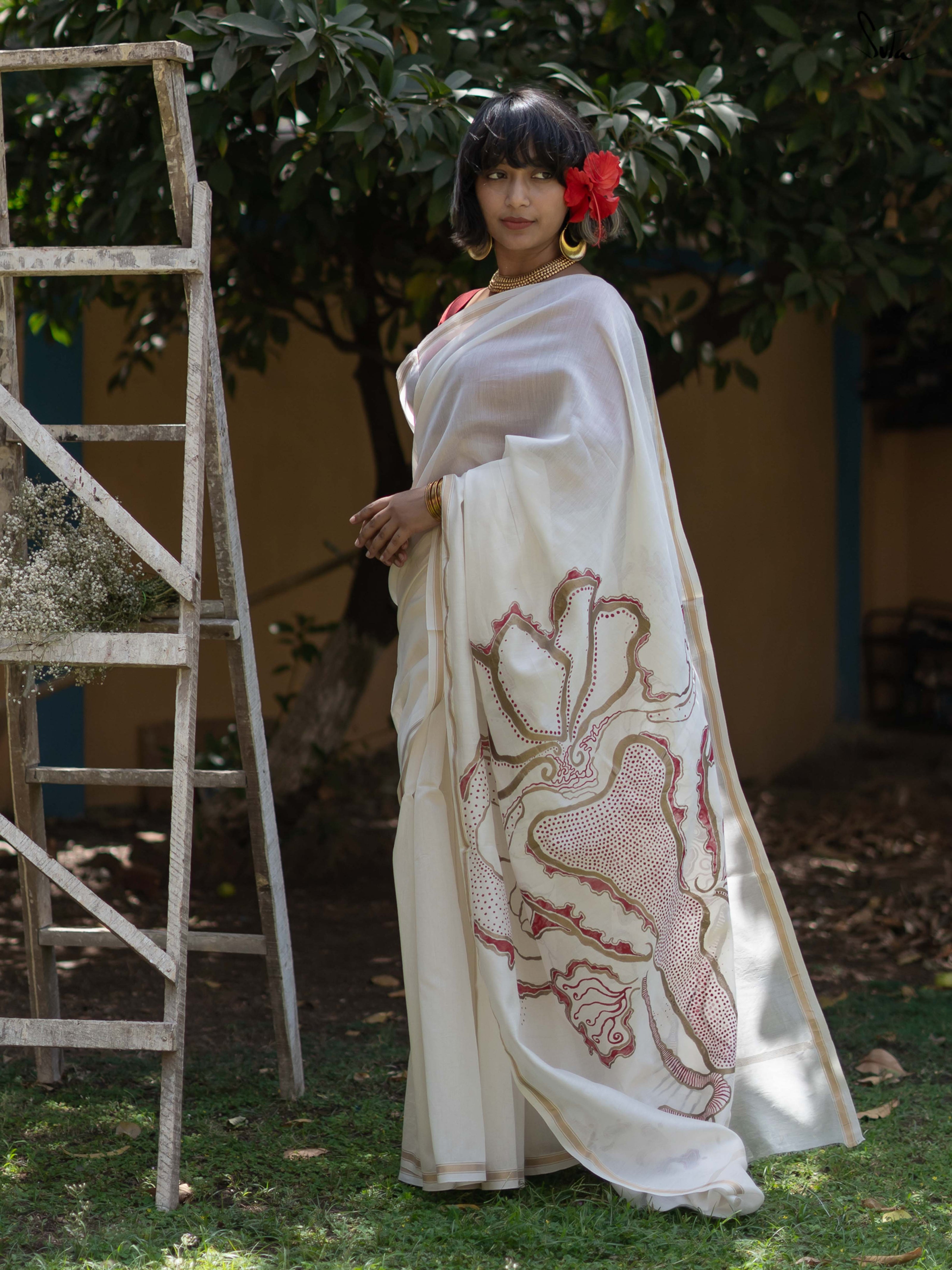 Soft Chanderi Silk Designer Saree In White|Serene Lotus|Suta