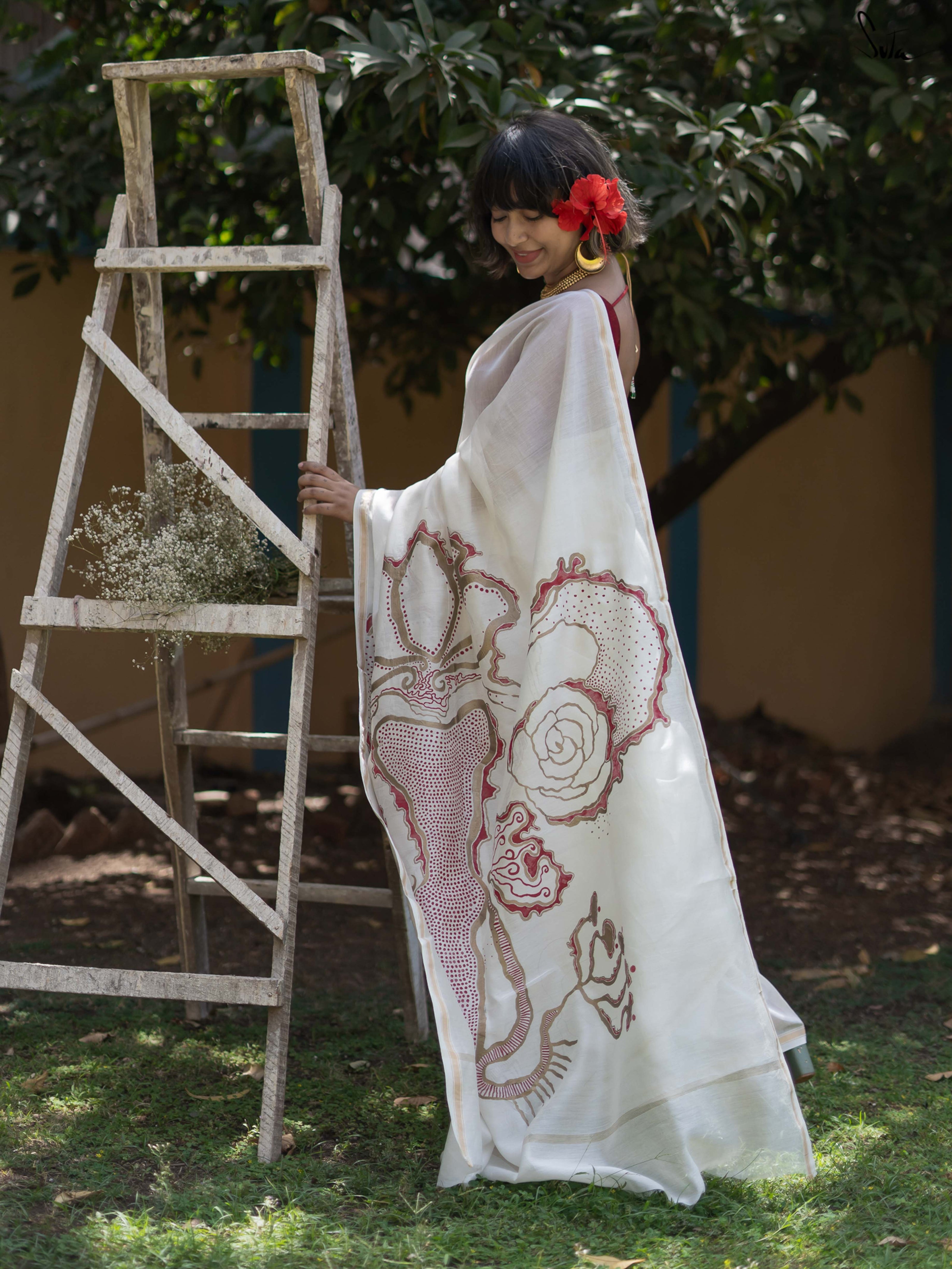 Soft Chanderi Silk Designer Saree In White|Serene Lotus|Suta