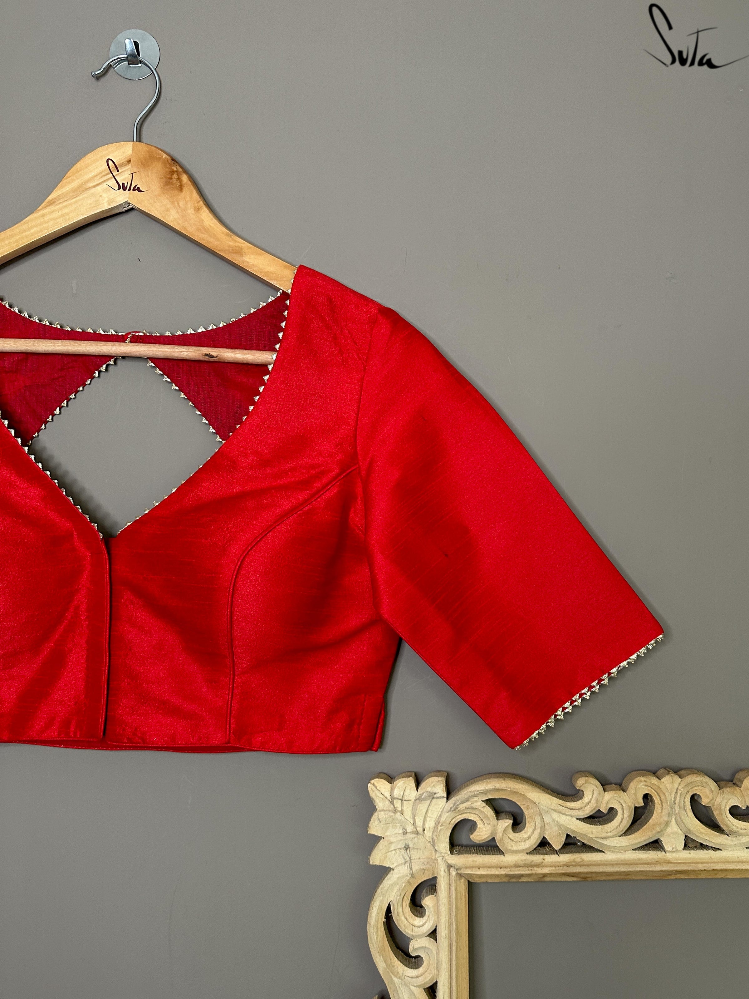 Red Art Silk V Neck Padded Blouse|Jamanthi|Suta