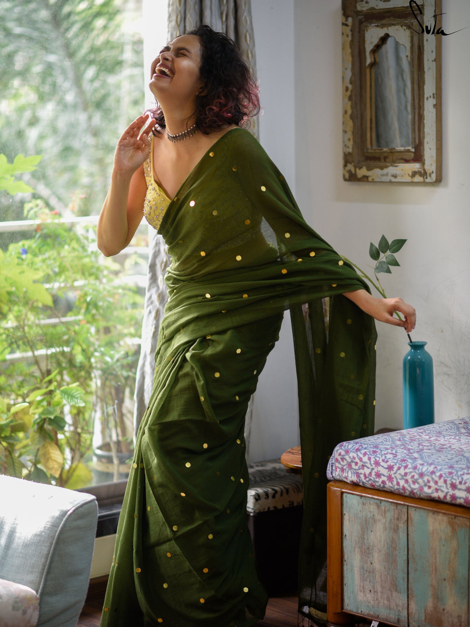 Mulmul Cotton Green Saree With Sequins|Evergreen Star|Suta