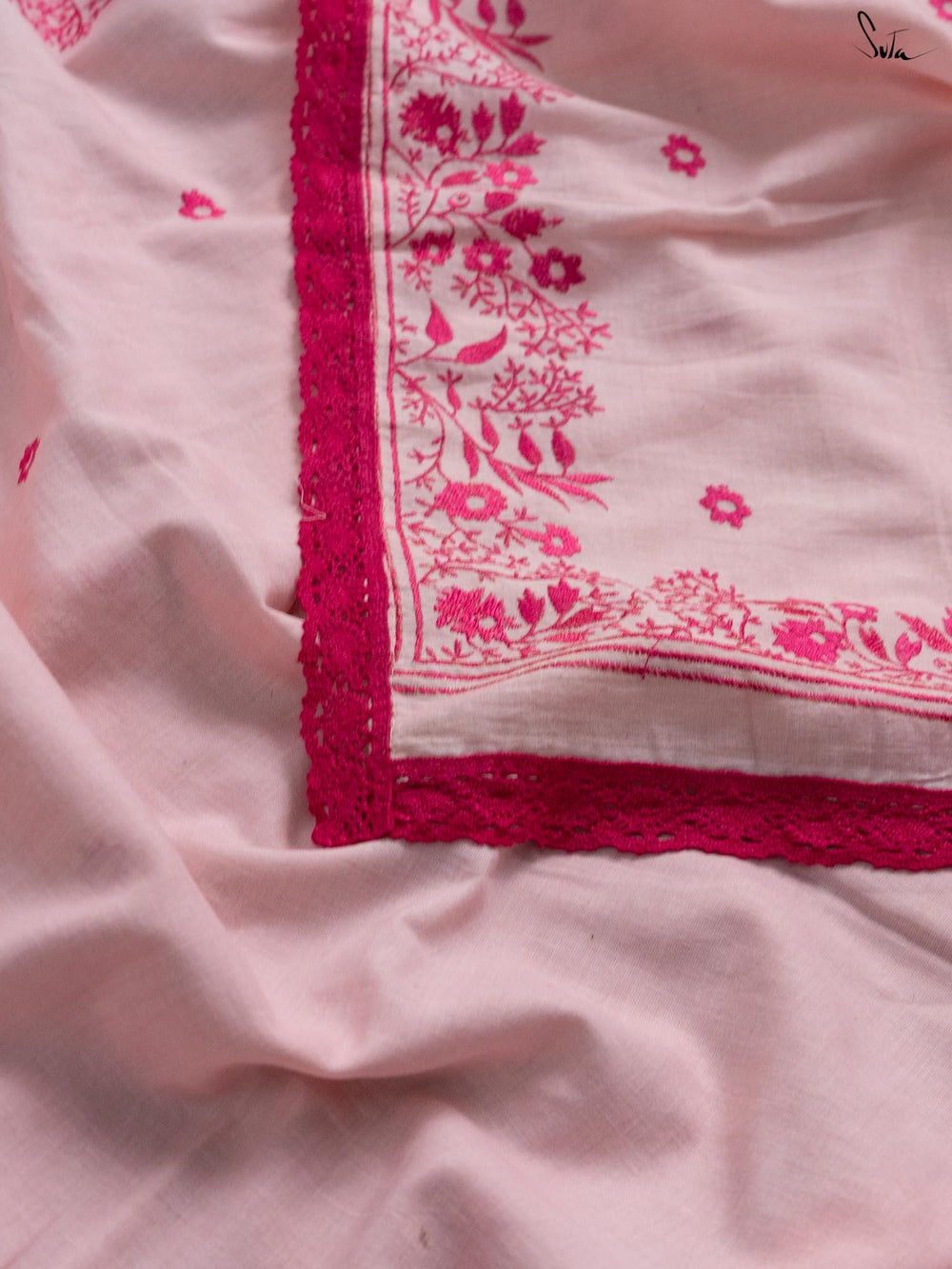 Embroidered Cambric Cotton Saree in Pink|Guldastaa|Suta