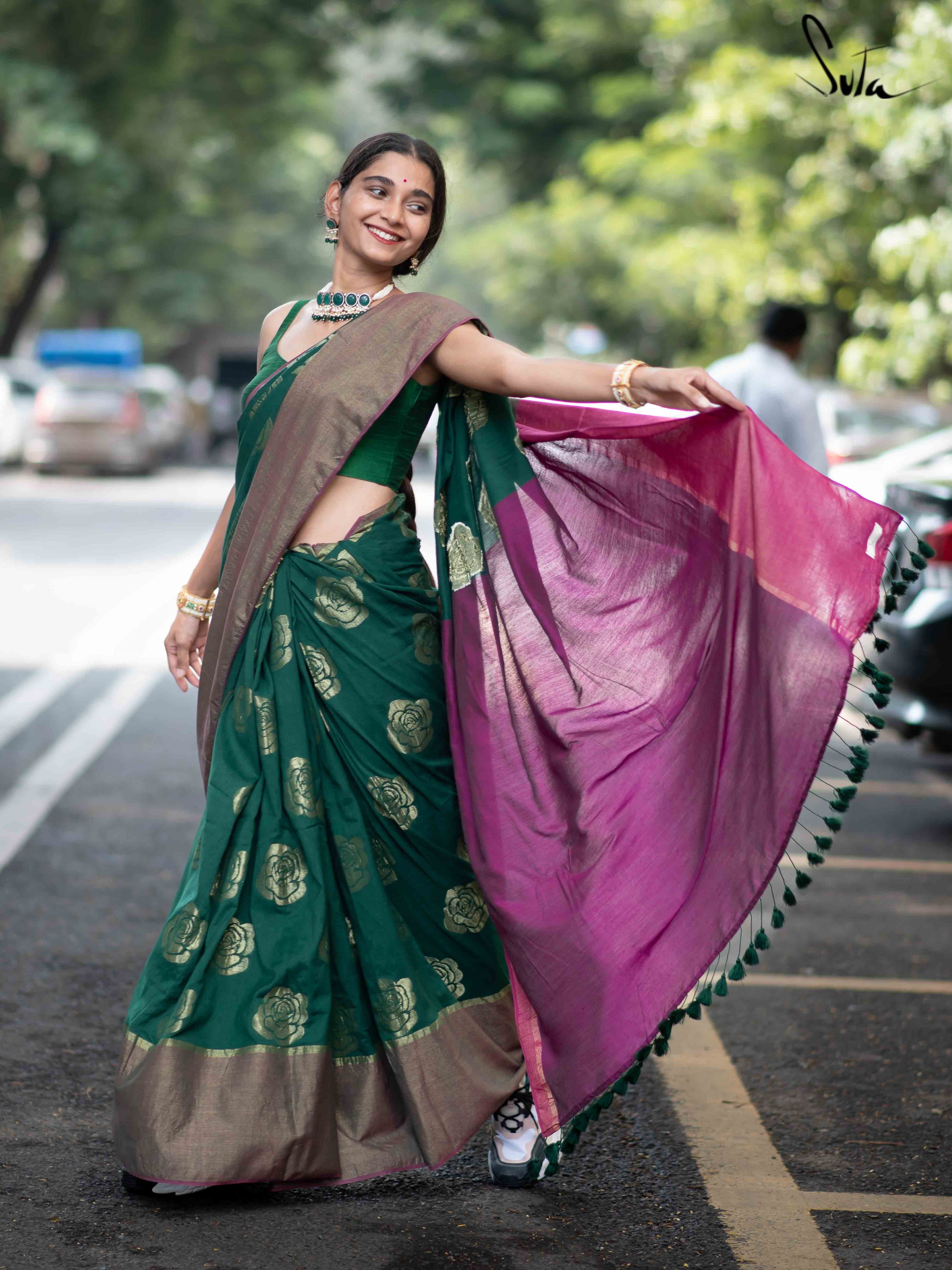 Floral Zari Lightweight Saree In Green Magenta|Her Phool|Suta