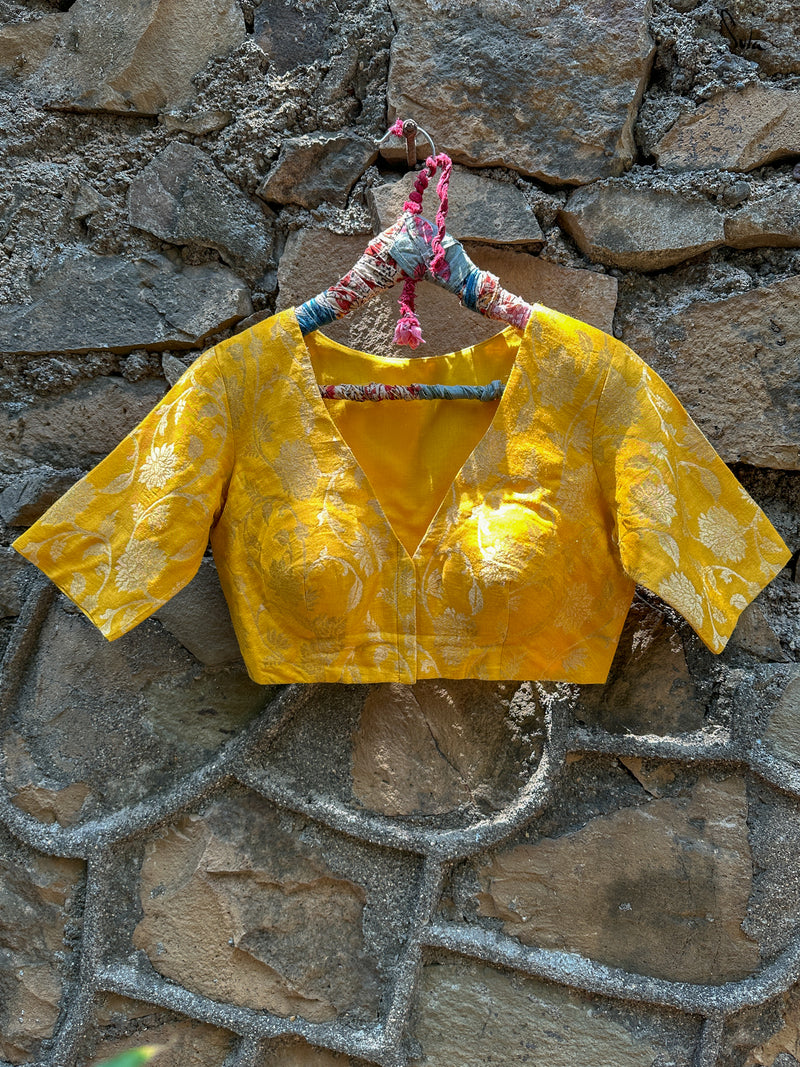 Yellow Silk Zari Designer Blouse With V Neck|Tarakasi|Suta