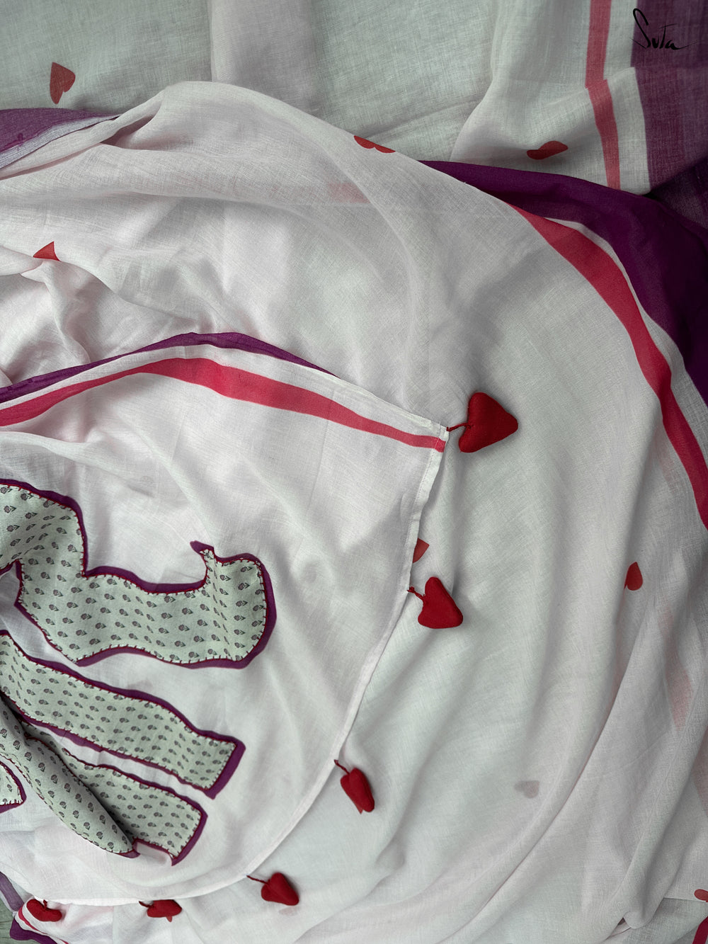 Cotton Applique Work White Saree With Tassels|Raj Simran|Suta