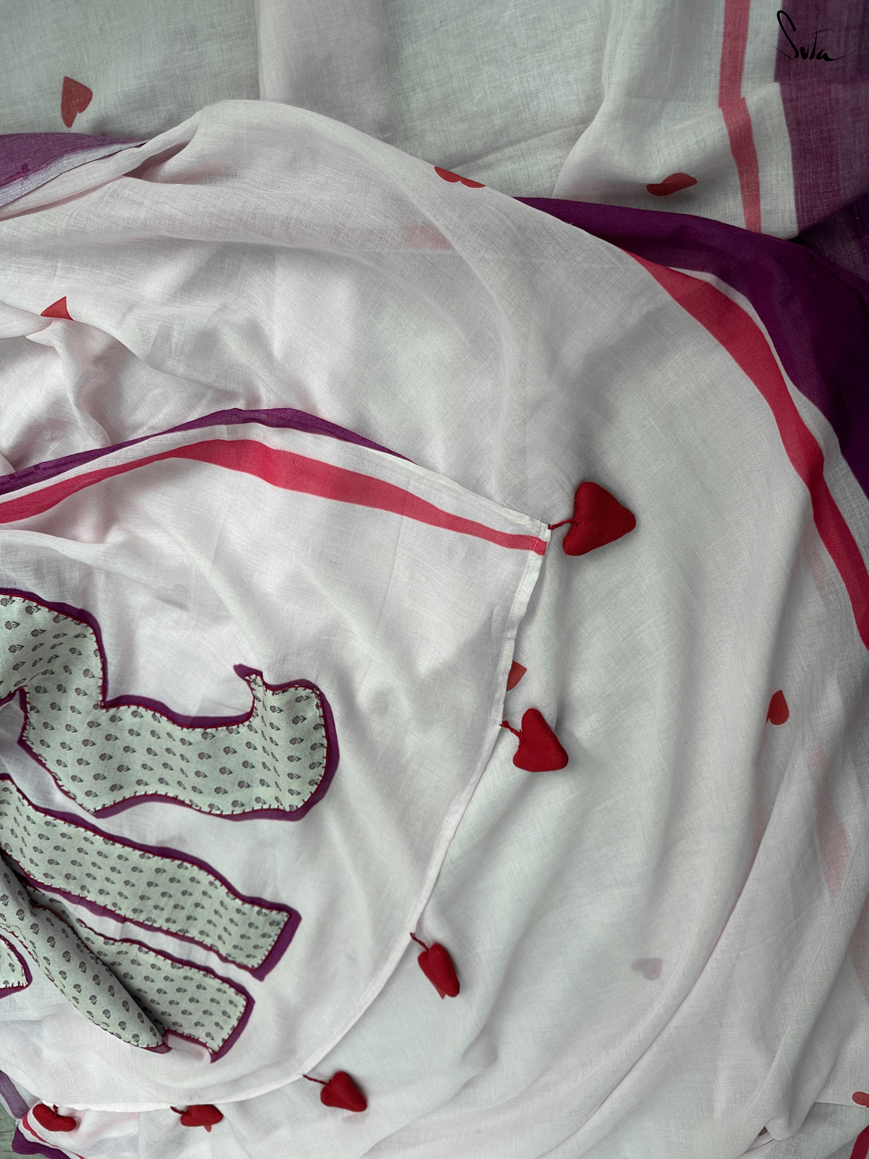 Cotton Applique Work White Saree With Tassels|Raj Simran|Suta