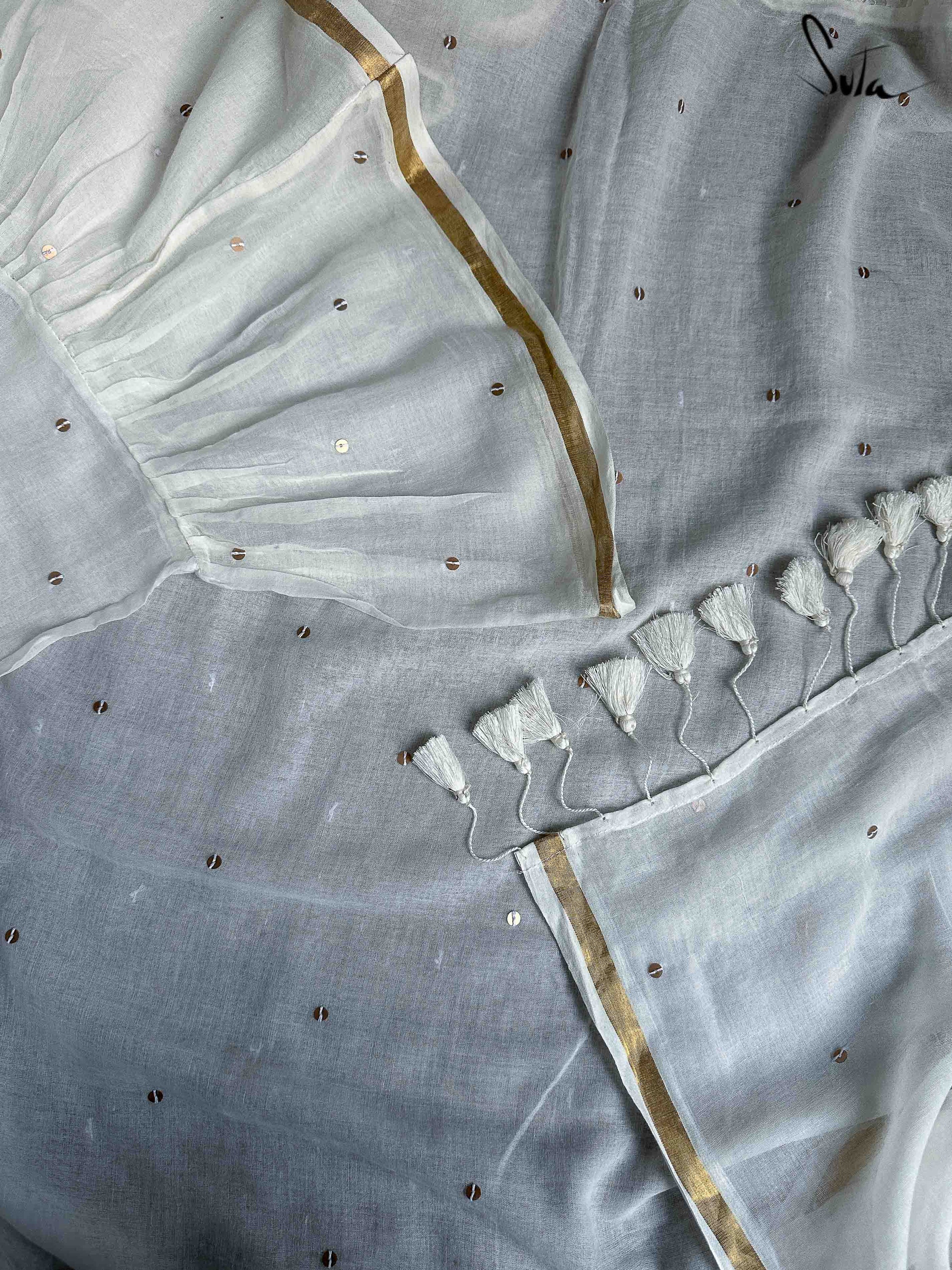 Mulmul Cotton Ruffle Saree In White|Aurora Breeze Swirls|Suta