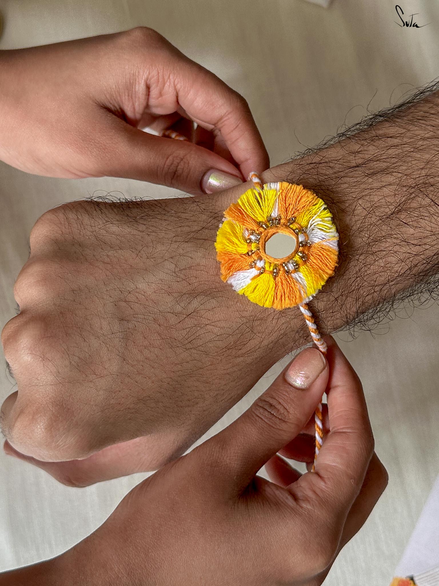 Handcrafted Silk Yellow Rakhi For Brother|Sunheri Dori|Suta