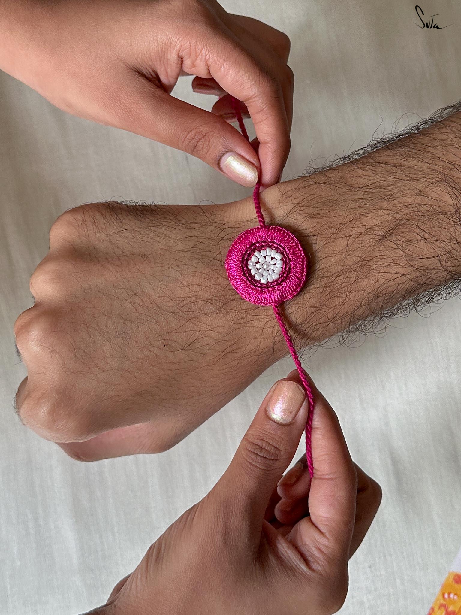 Handcrafted Pink Rakhi With Embroidery|Khushi Ka Dhaga|Suta